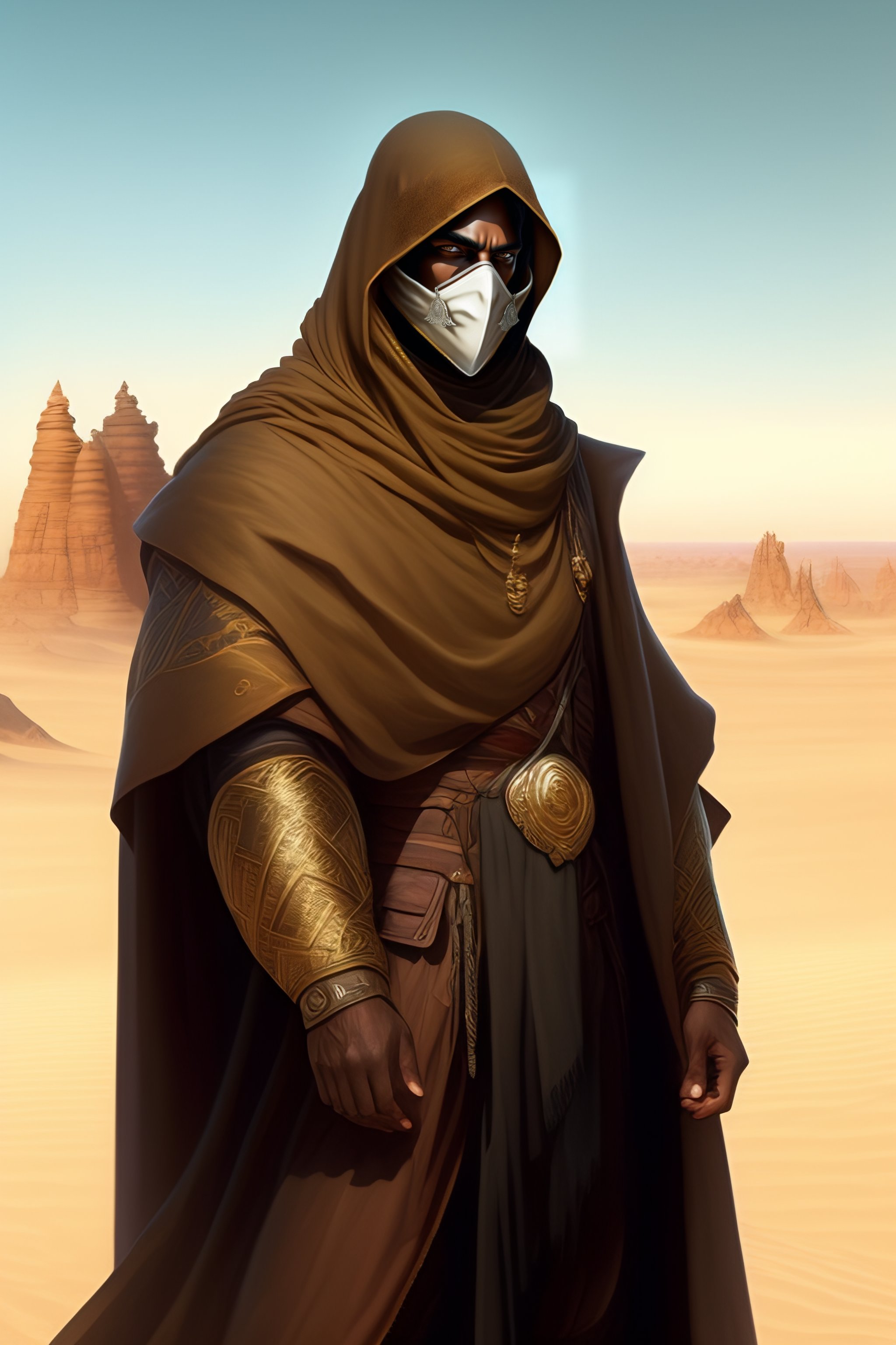 Lexica - Drawing of a Masked Man in Dusty Clothes with a Sharp Gaze in ...