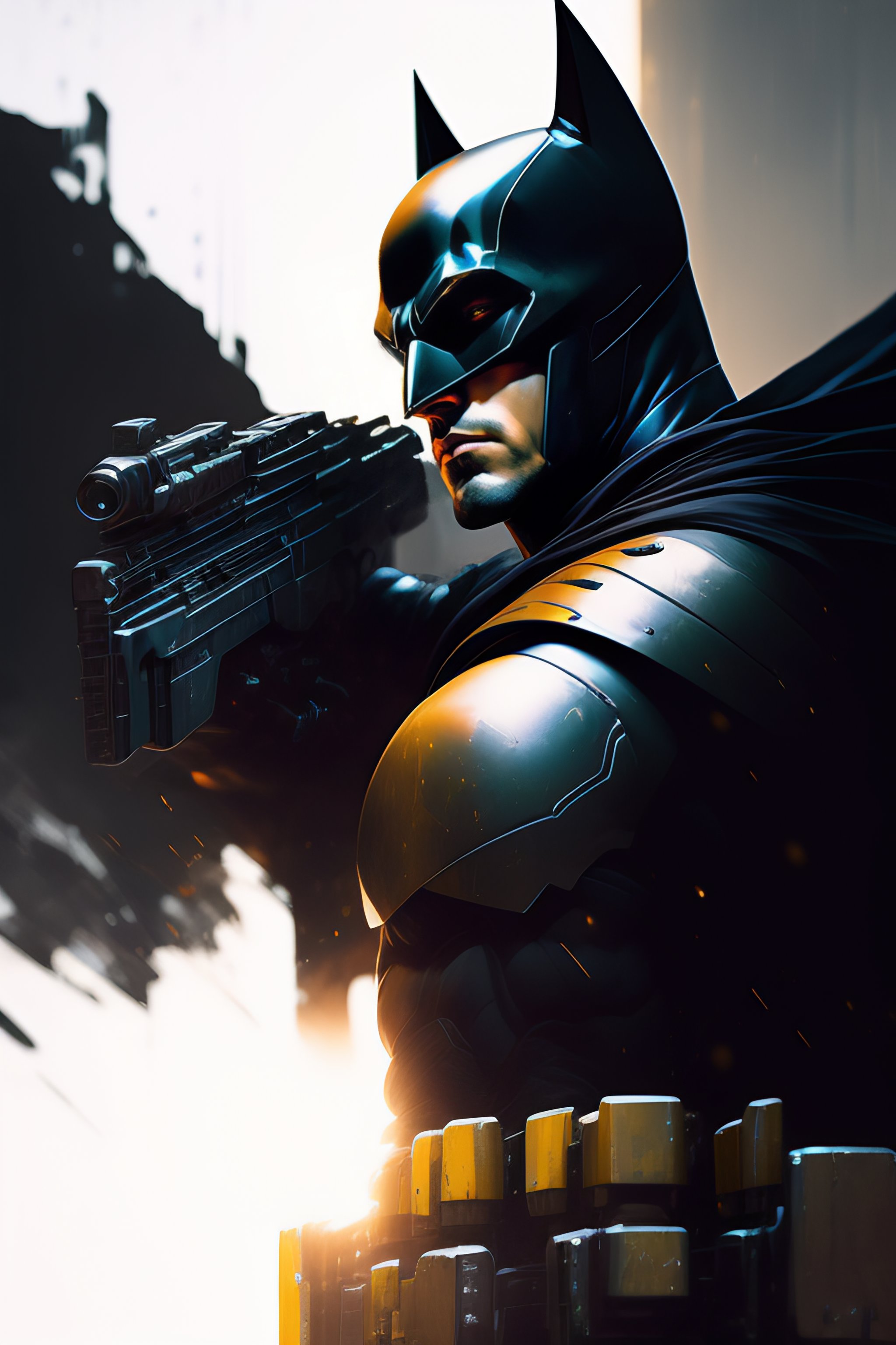 Lexica - Batman wearing metal gear armor holding gun dramatic lighting ...