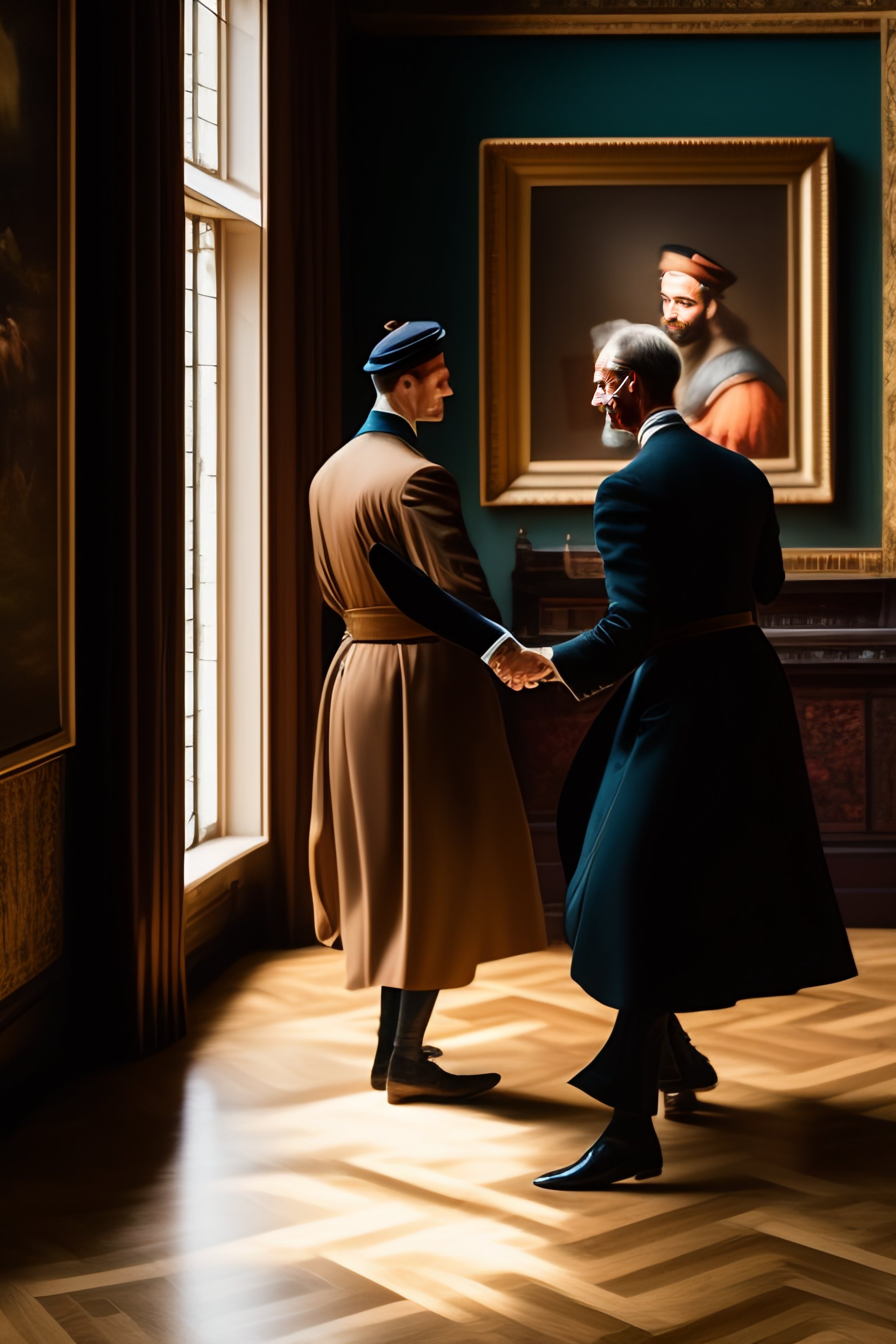 Lexica - Two men dancing in a tapestry room, as in vermeer