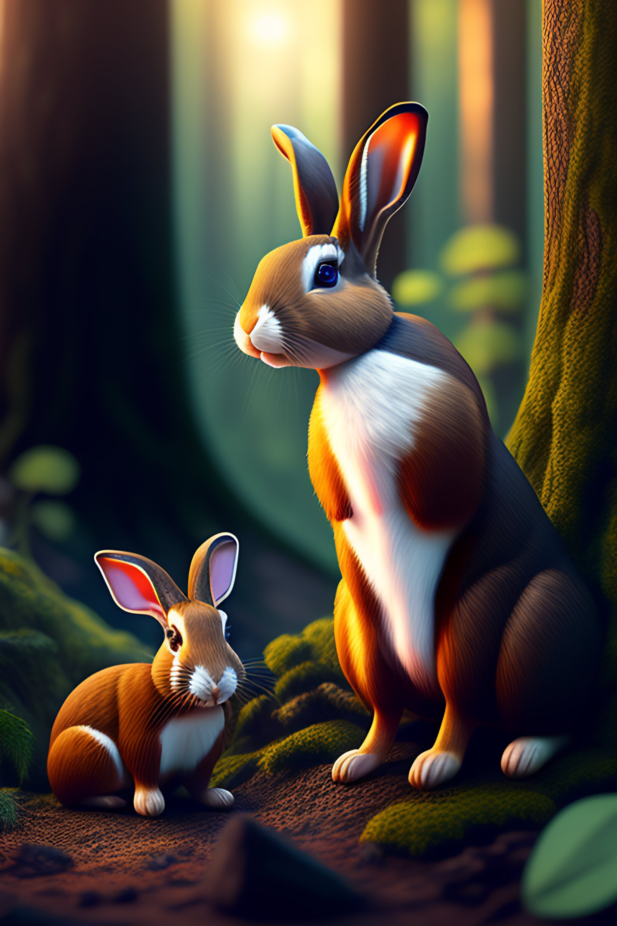 Lexica - Anthropomorphic rabbits sitting on the ground of a dark forest ...