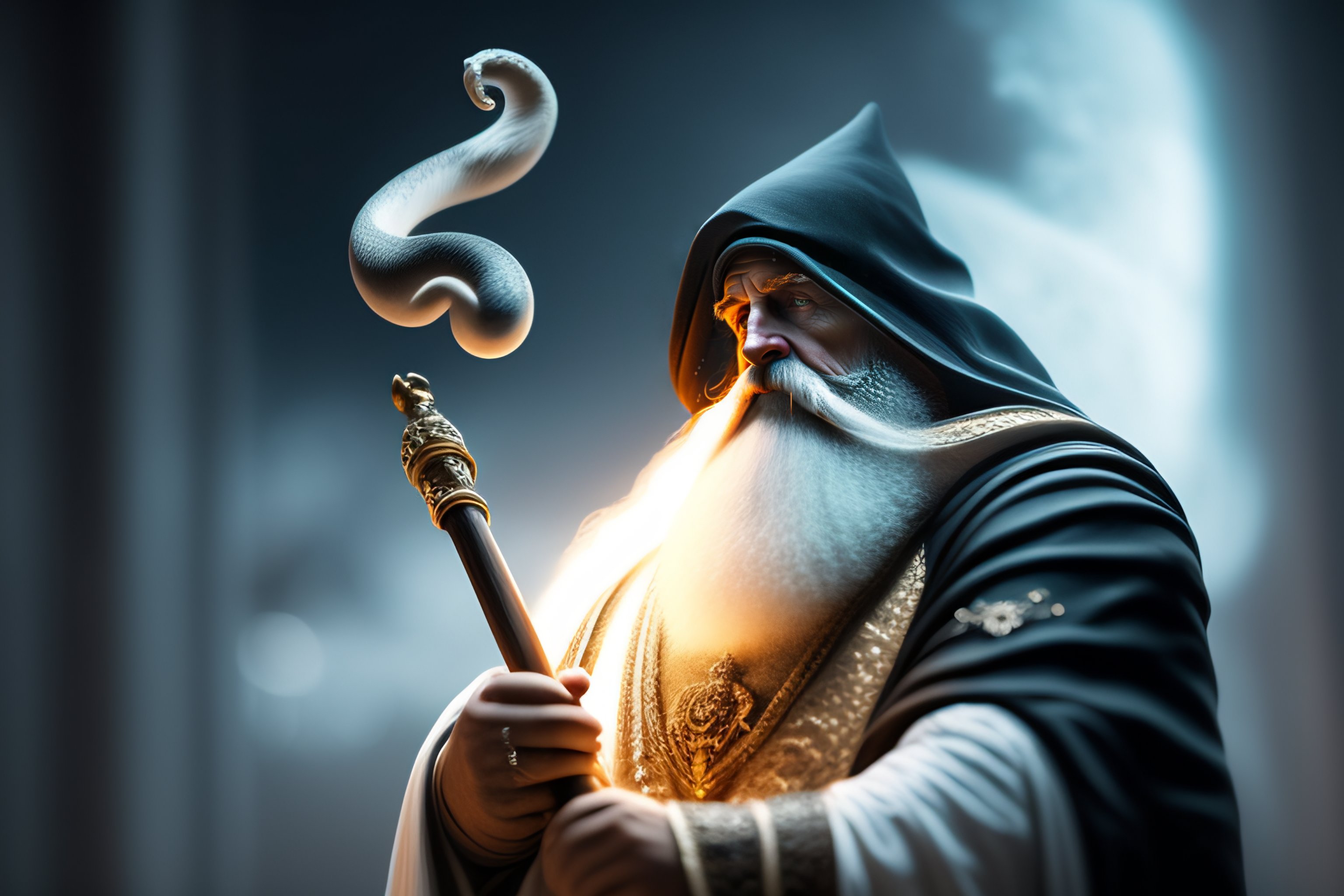 Lexica - One Greek wizard in dark robe hold a staff that has a white ...