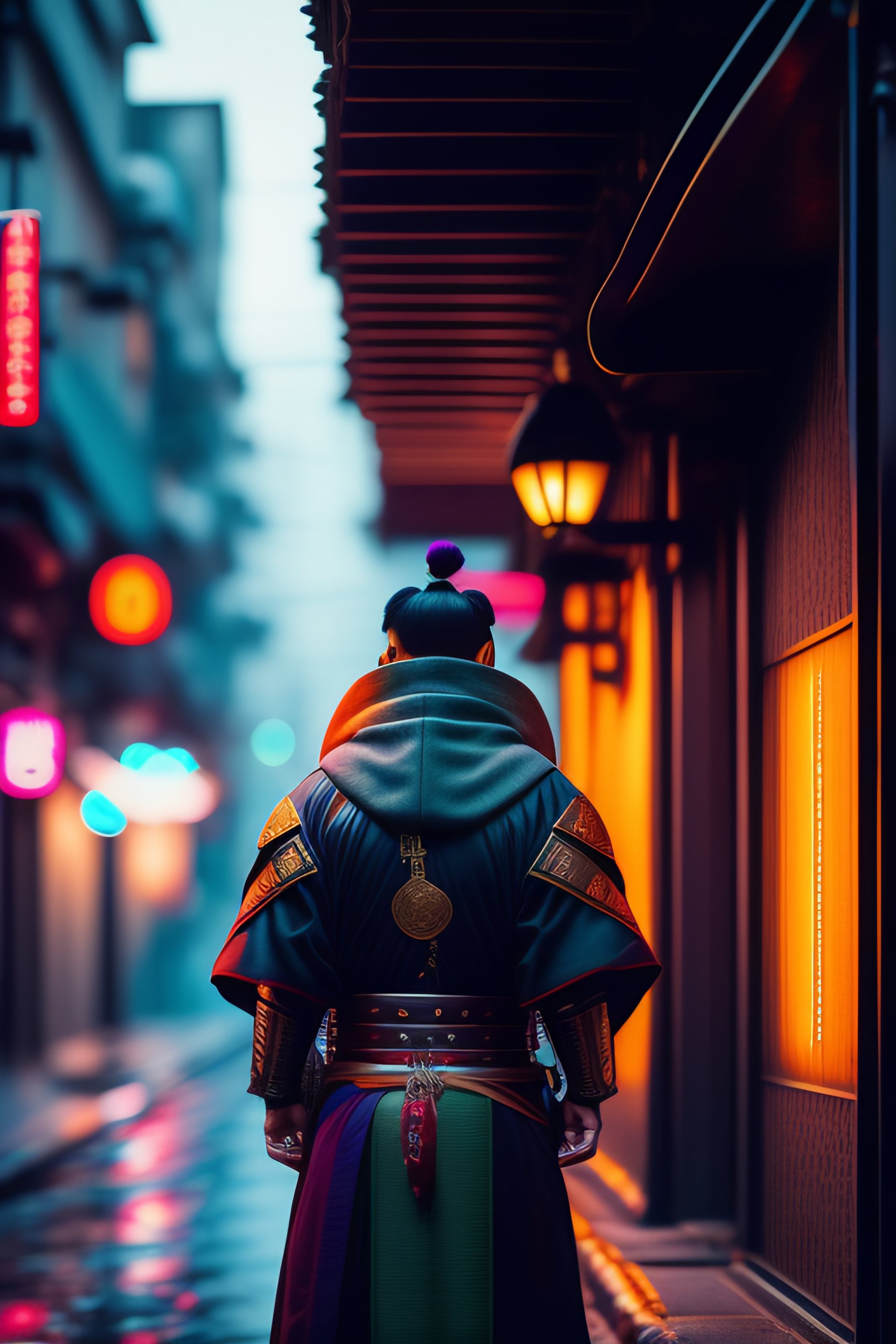 Lexica - Samurai pepe in a cyberpunk alley