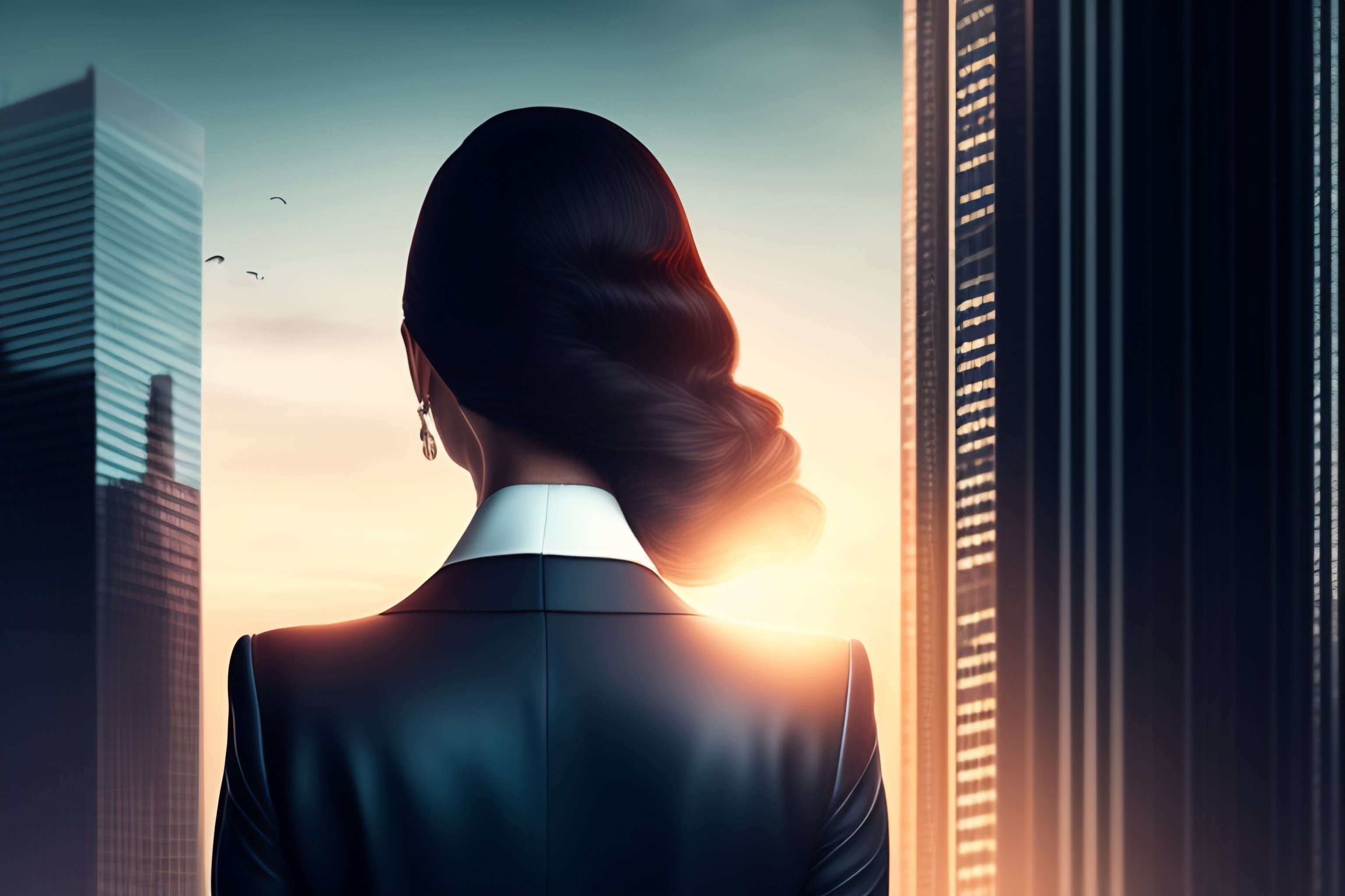 Lexica - Woman in suit staring down at dark skyscrapers over the ...