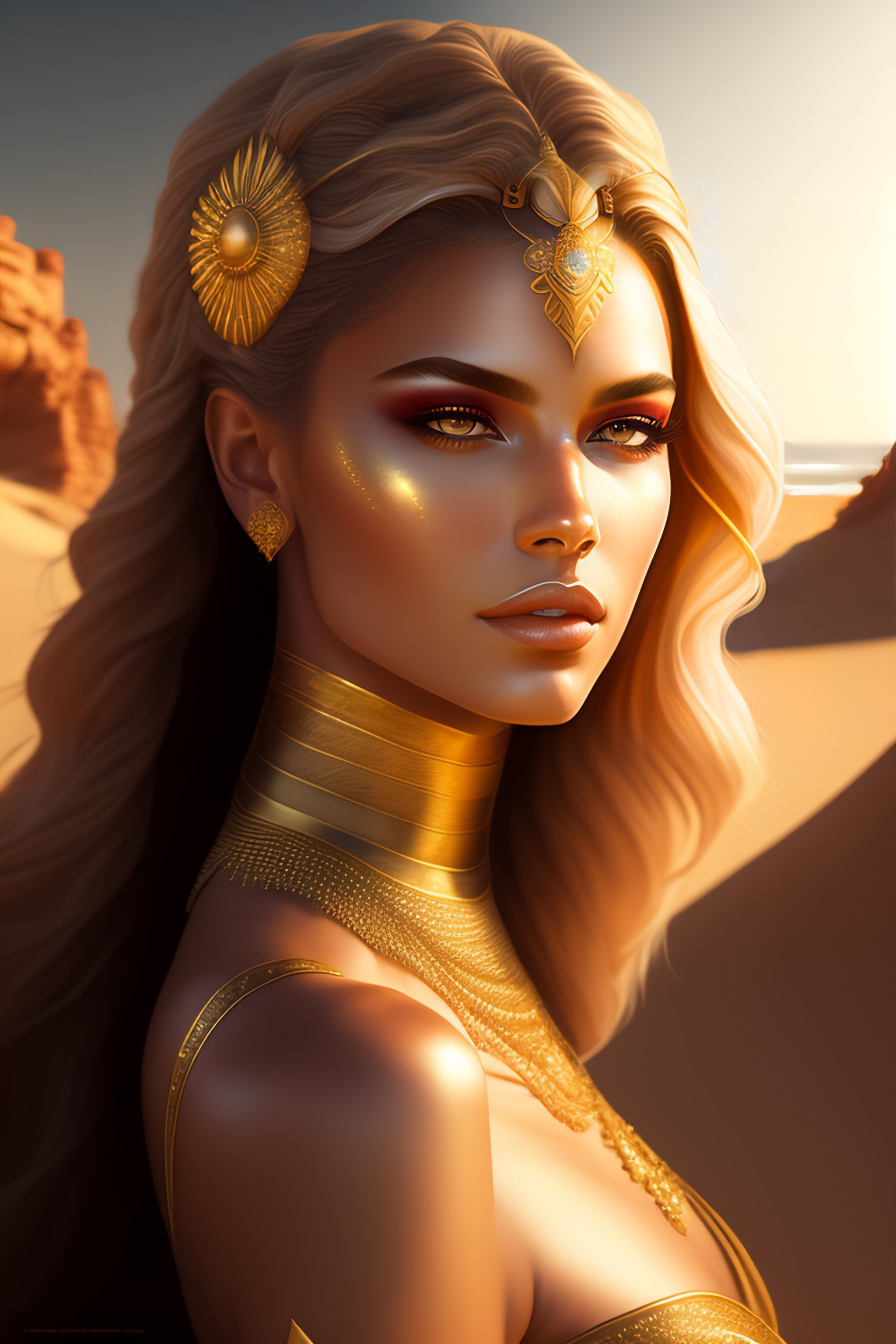 Lexica - A beautiful cinematic female sand goddess, golden dress, glow ...