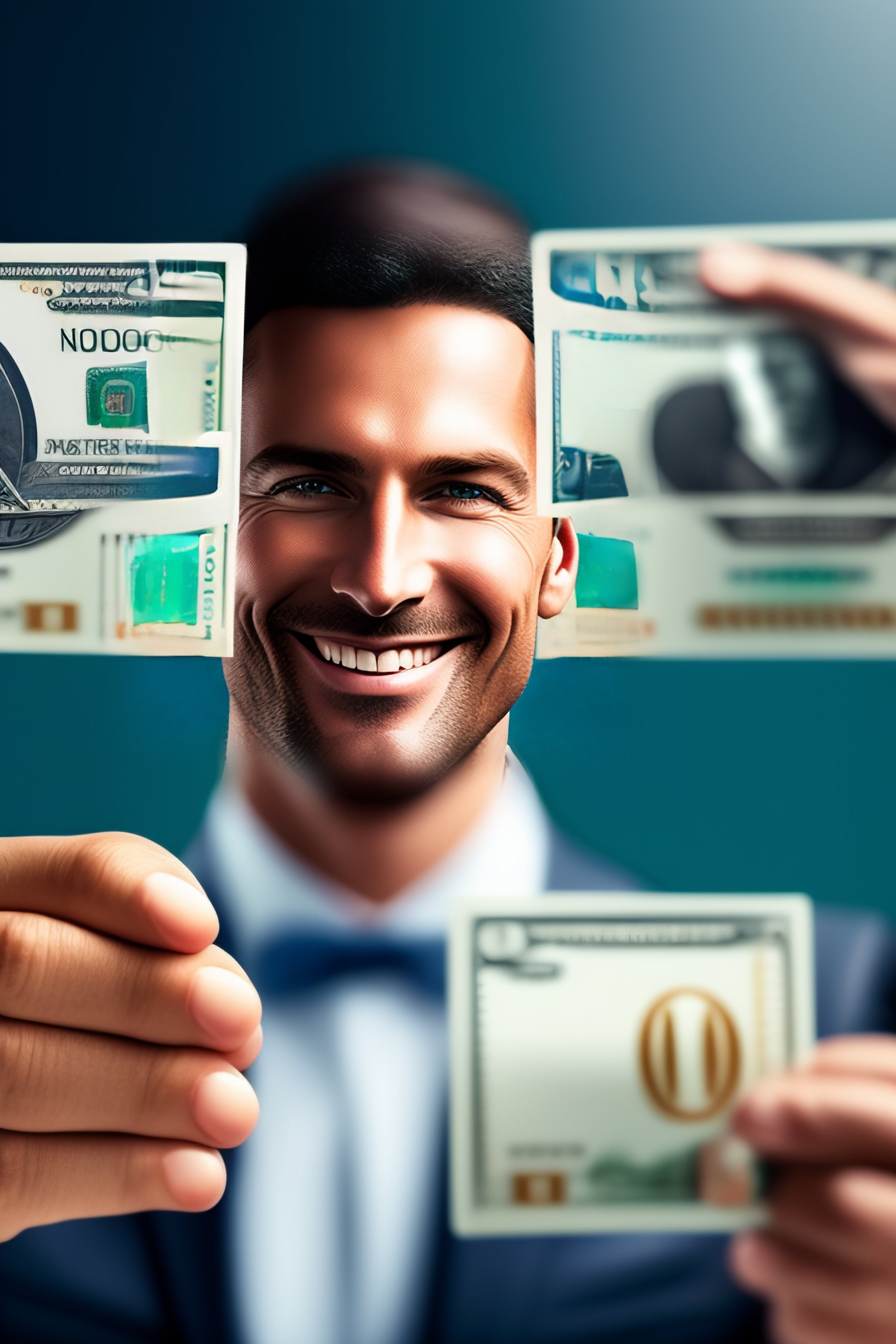 Lexica - A happy and rich white man with banknotes in his hands