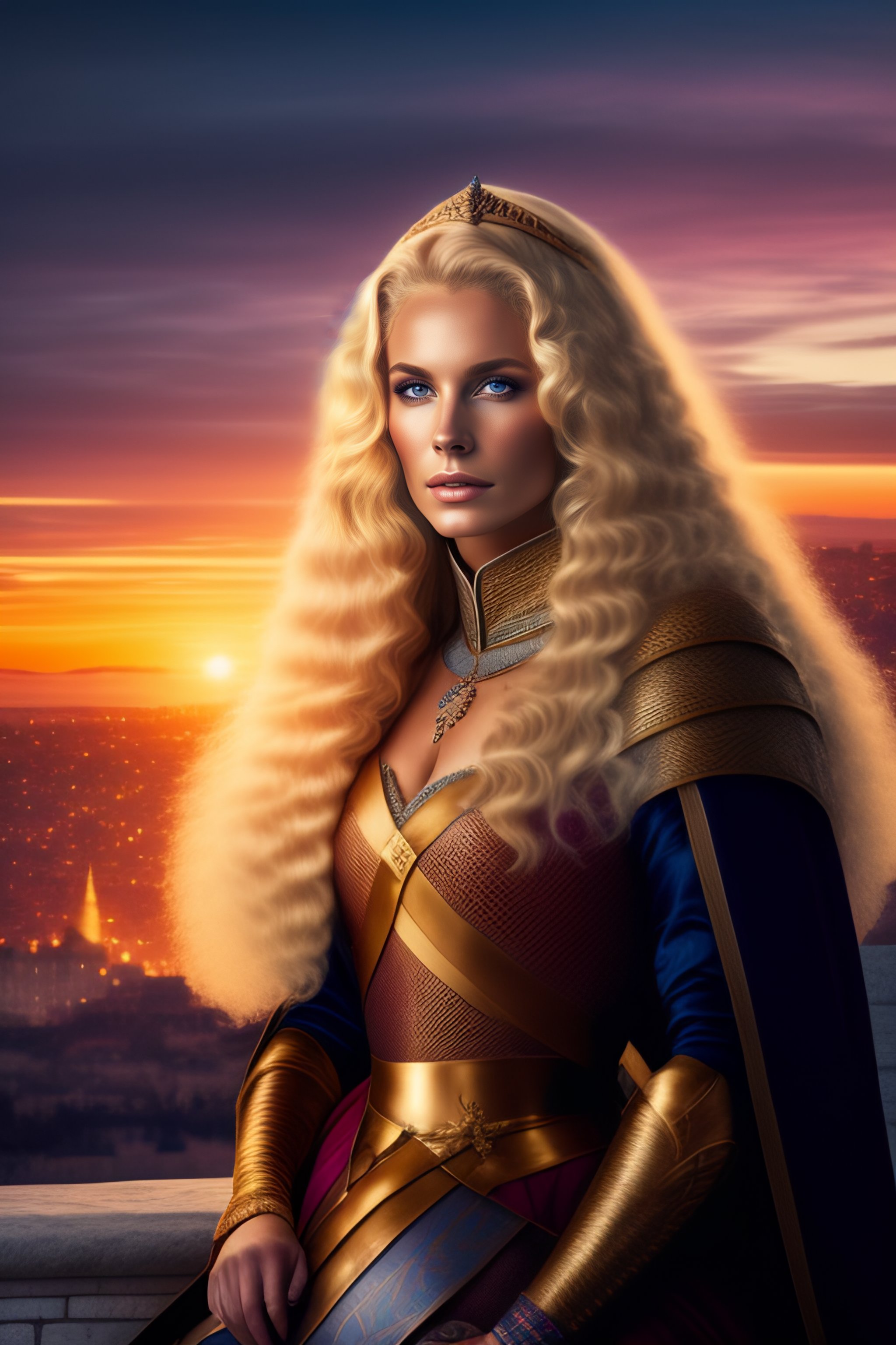 Lexica - Portrait of a beautiful blond queen on top of a castle looking ...