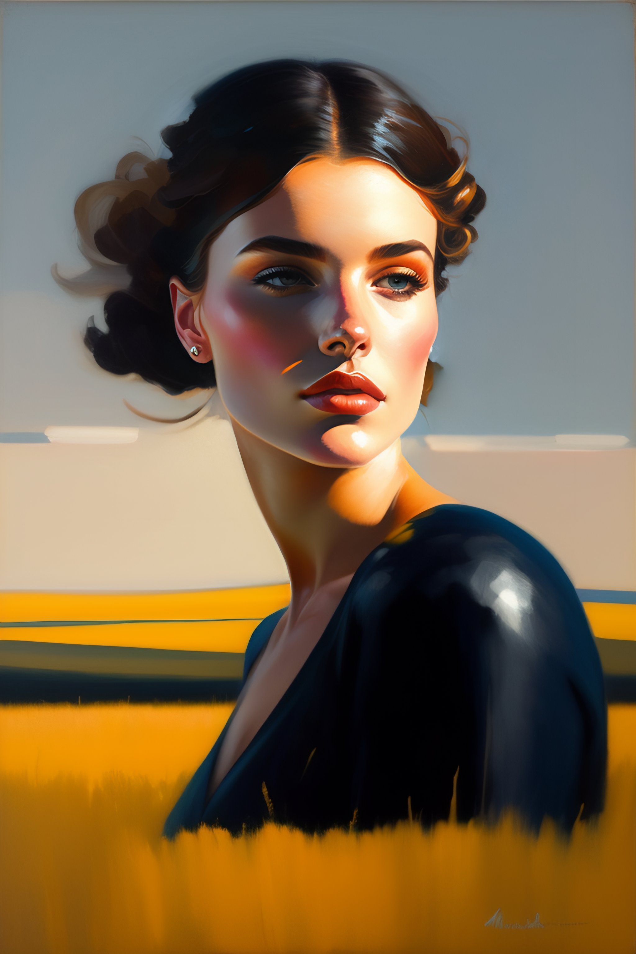 Lexica - Young woman + rural landscape with fields + muted colours ...