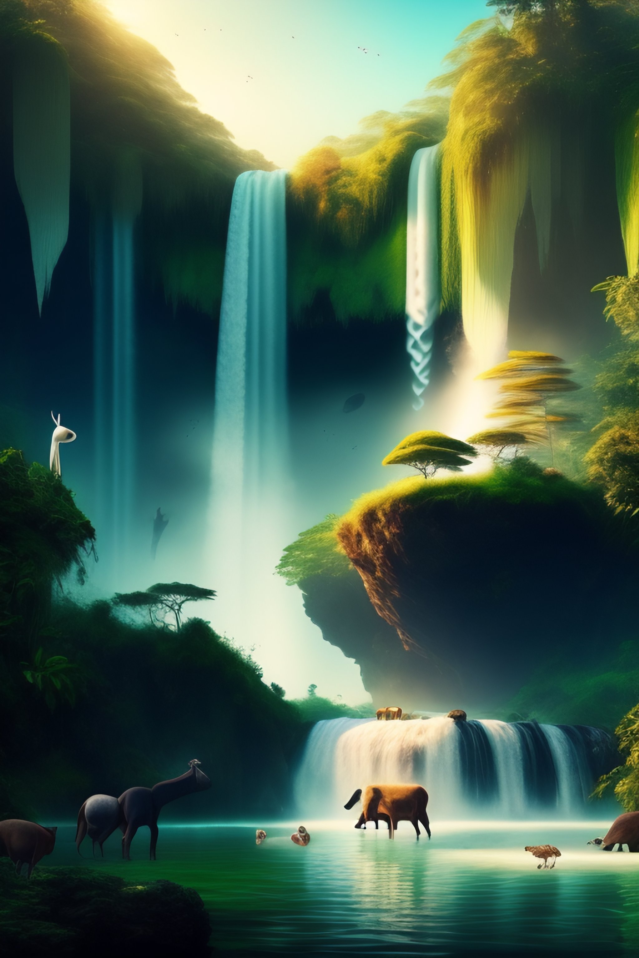 Lexica - Jungle with beautiful nature by day, waterfall, animals. View ...