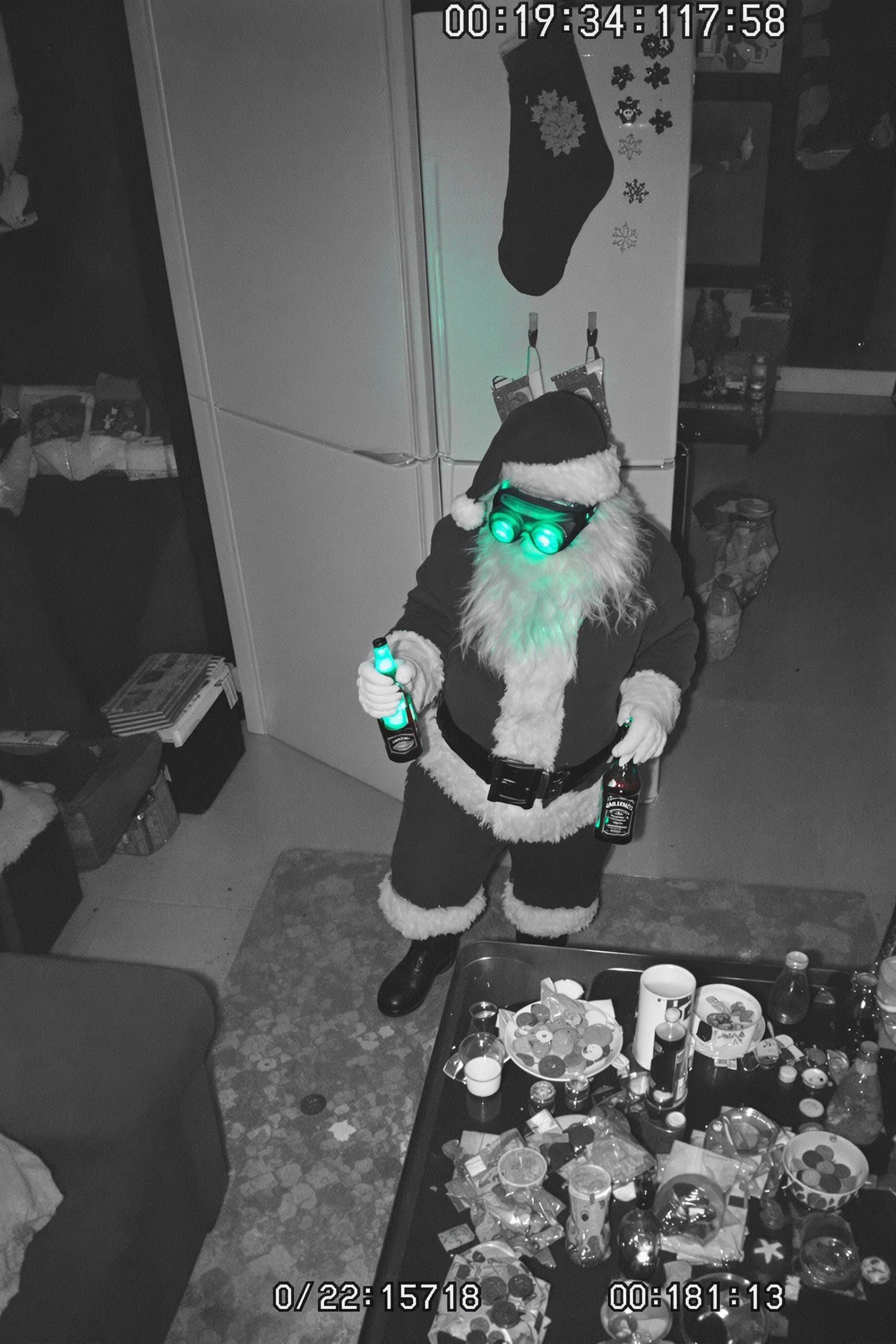 Lexica - A dark grainy security camera footage photo of Santa Claus ...