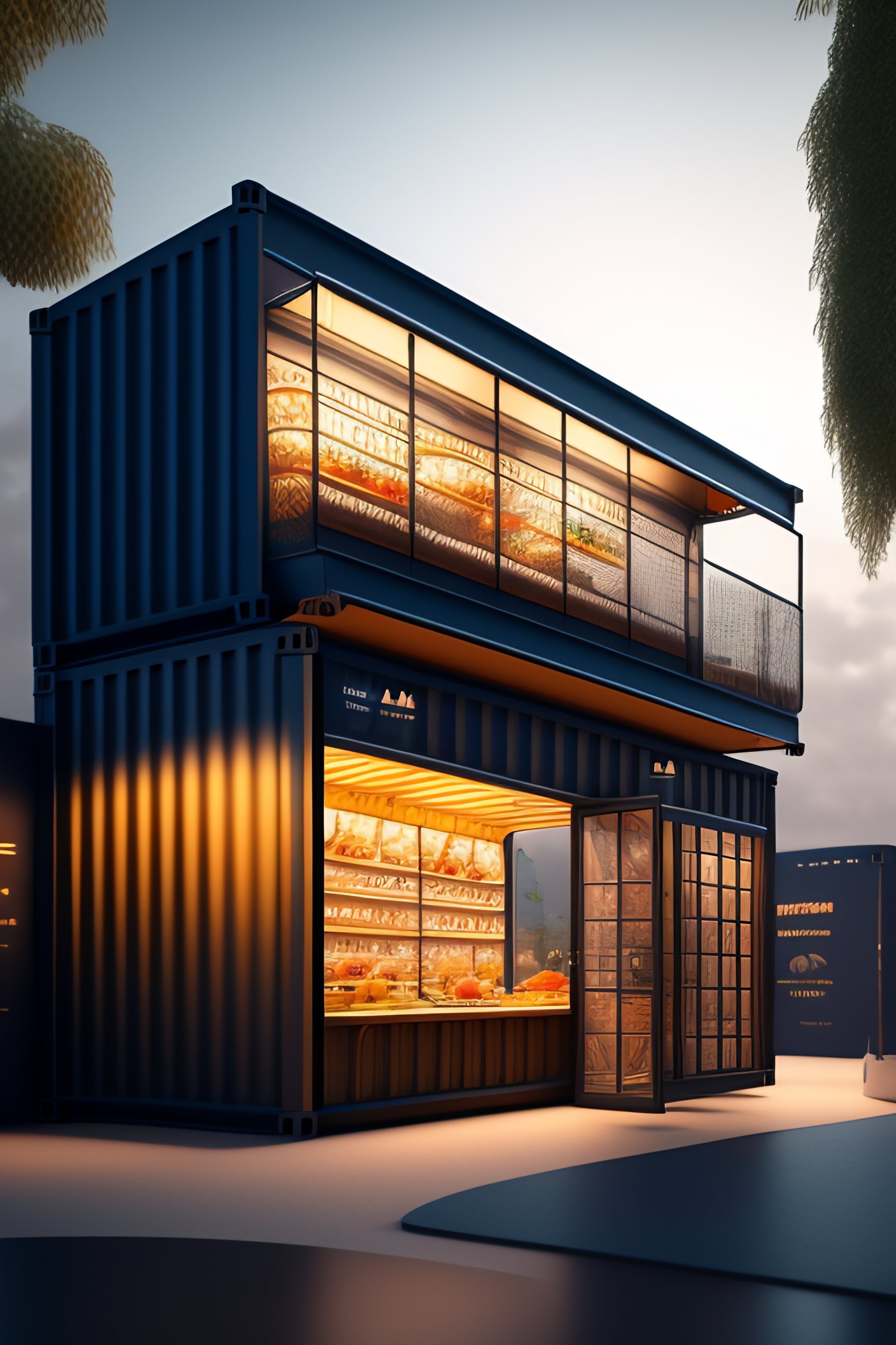 Lexica - Architectural render of a fish restaurant inside a container ...