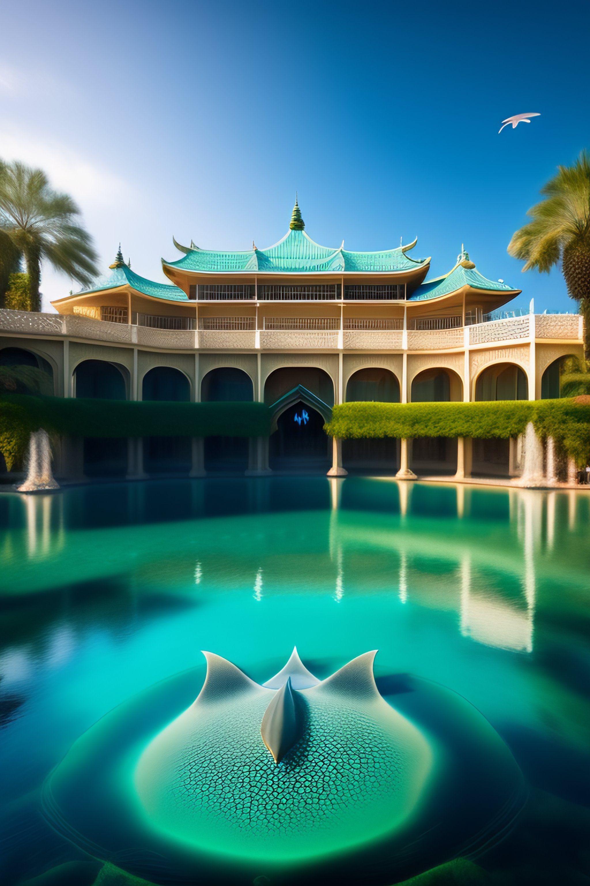 Lexica - A magical water palace with sting rays swimming around the palace