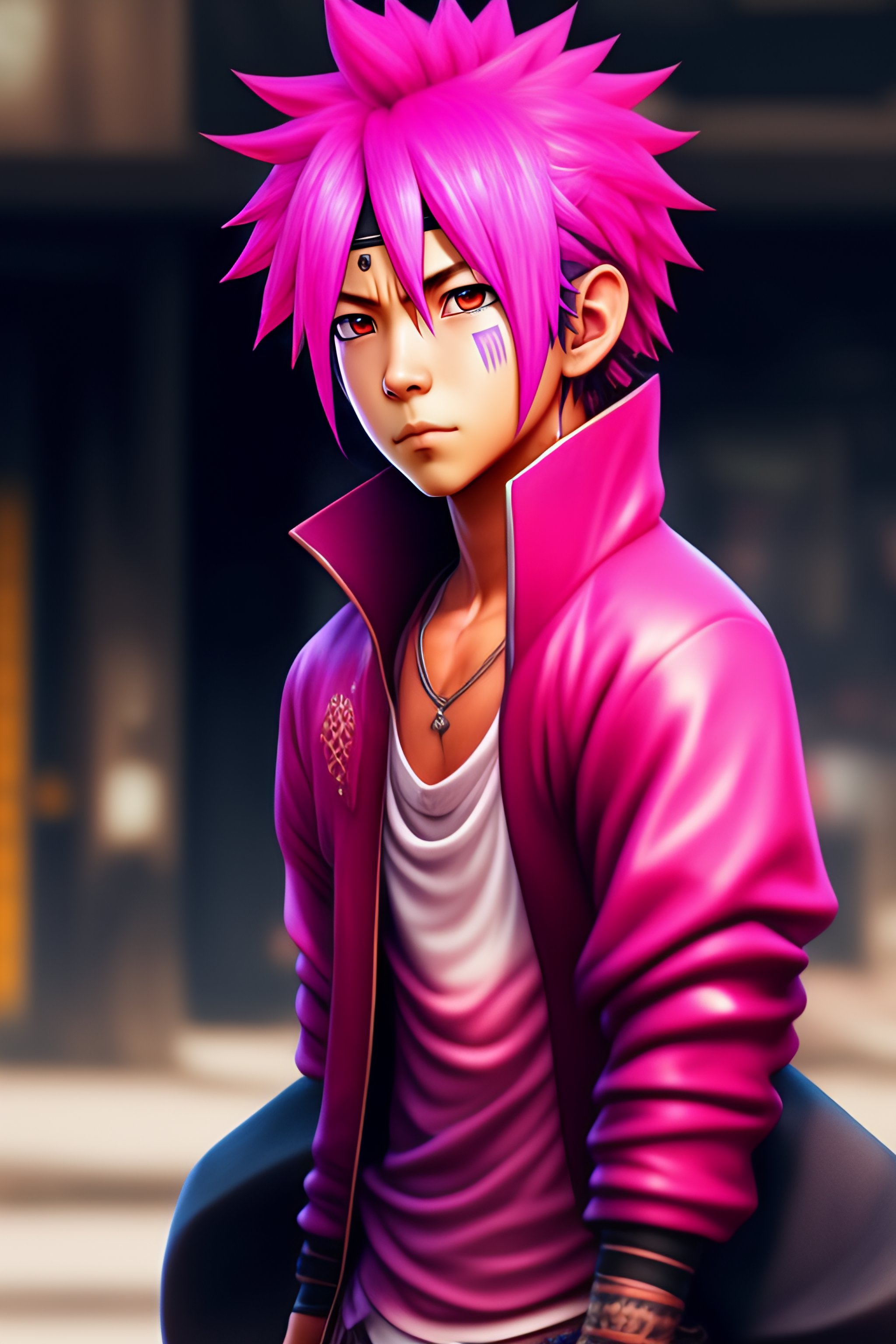 Lexica - Sasuke Uchiha, pink hair, realistic, slum background