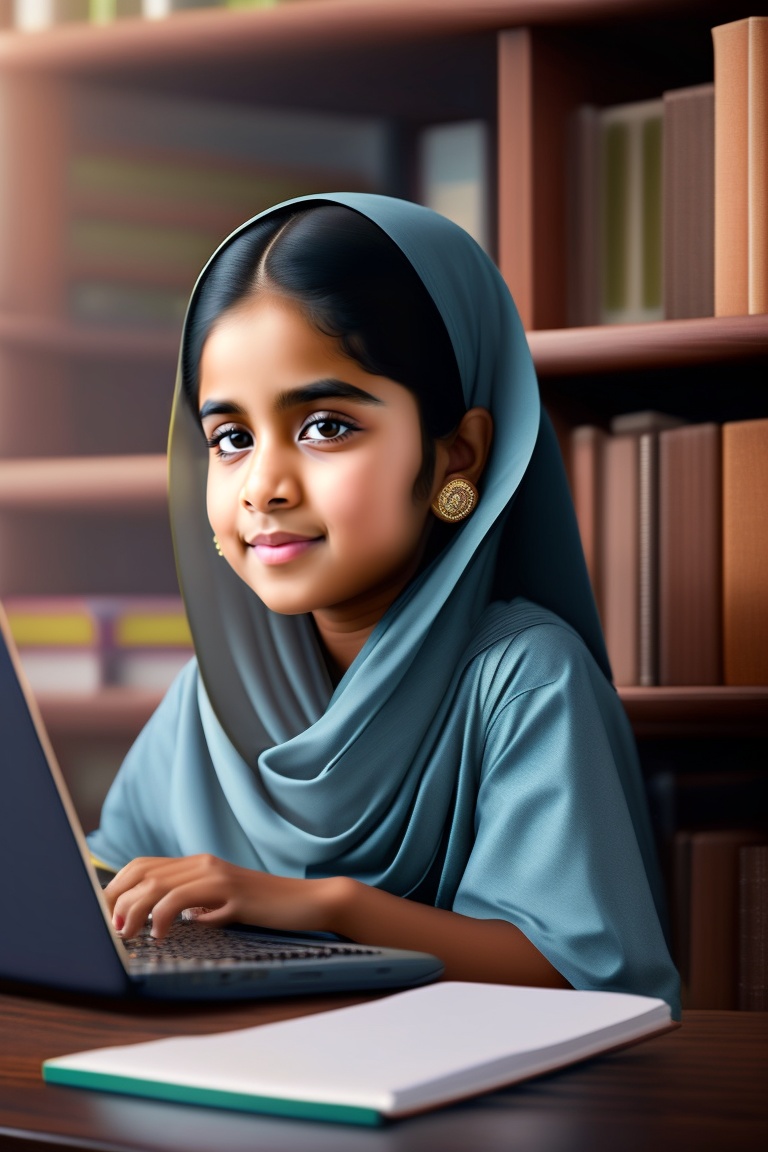 Lexica - A pakistani girl sitting in a office, using laptop, with the ...