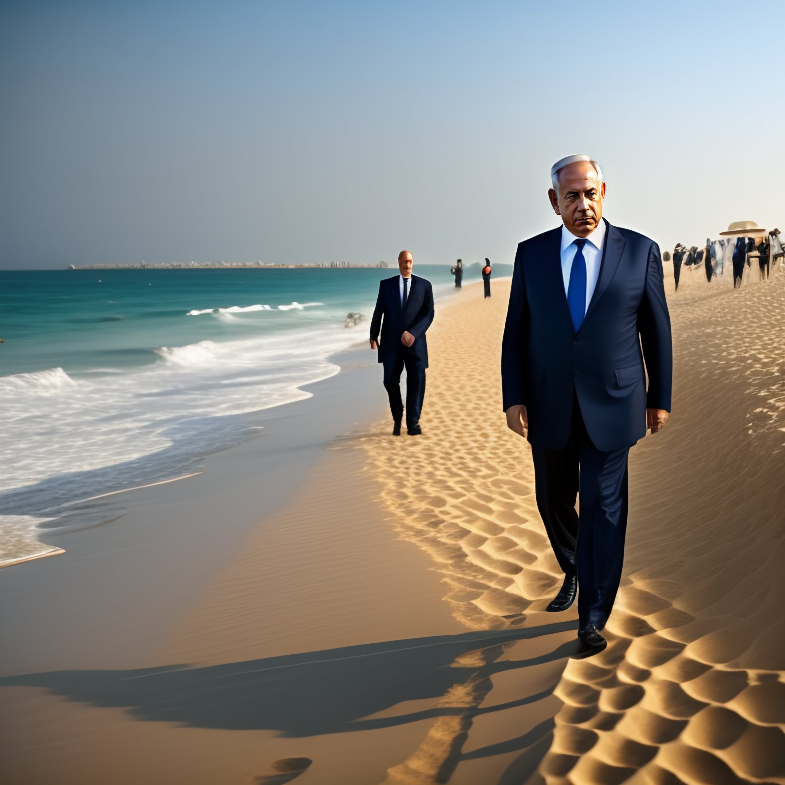Lexica - Benjamin Netanyahu going on a walk in Tel Aviv beach