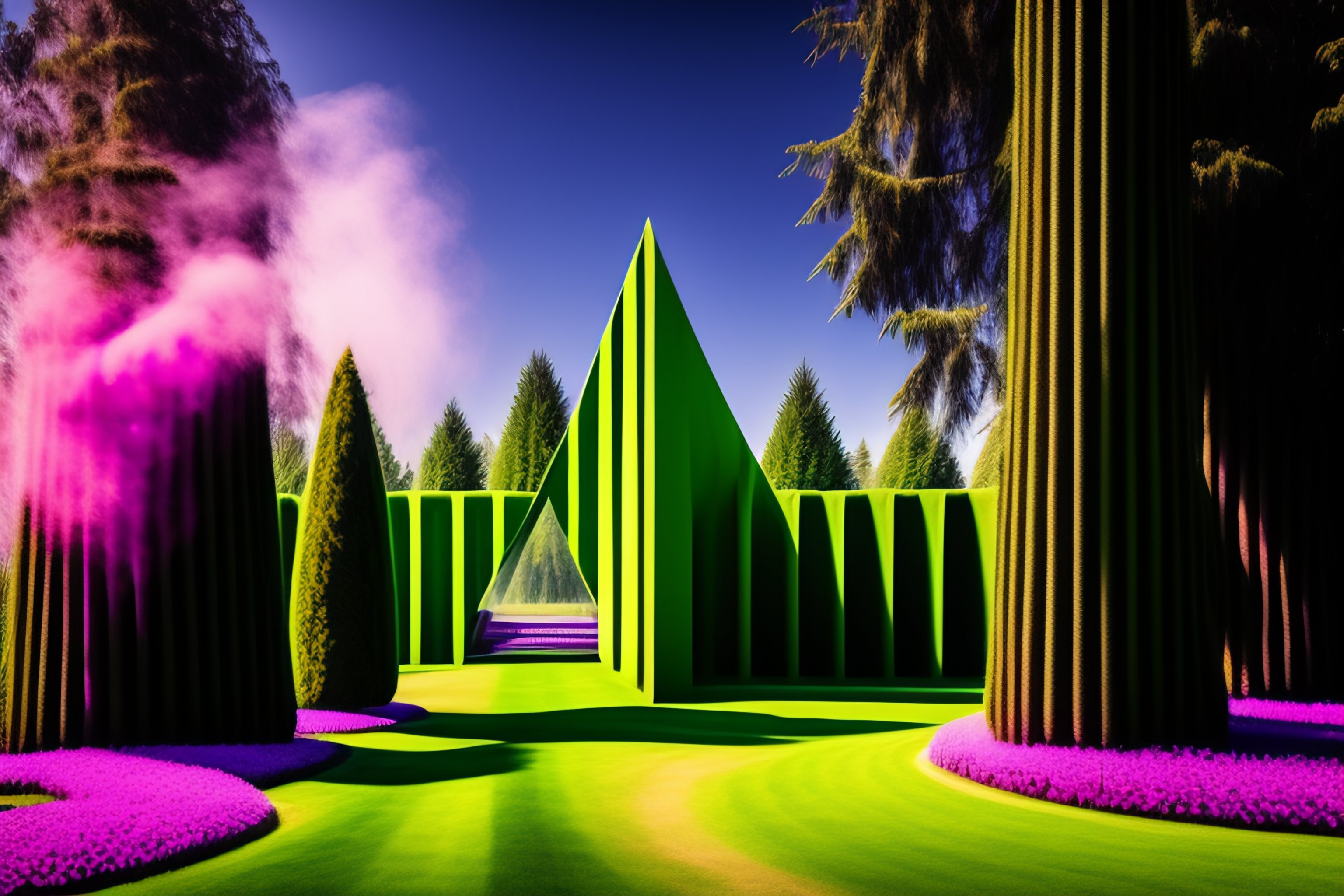 Lexica - Tall green hedge maze, green grass, evil monster in shadows ...