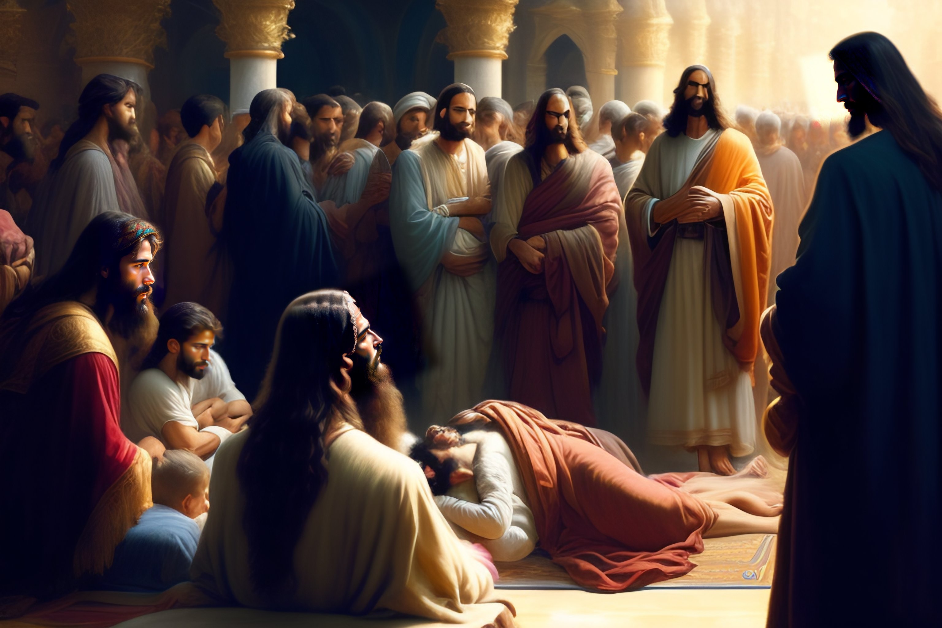 Lexica - Photo of a Jesus standing by a sick man lying on a mat in the ...