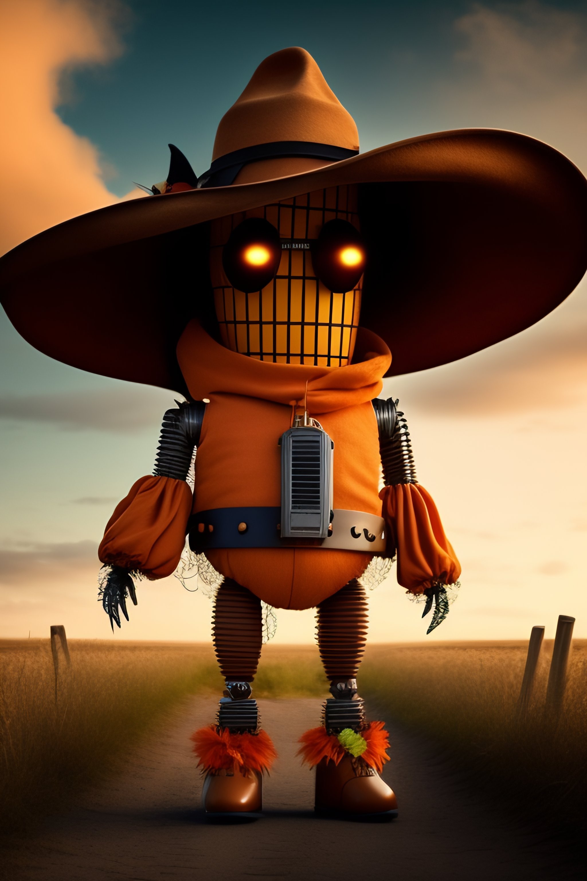 Lexica - A robot dressed like a scarecrow, movie like style