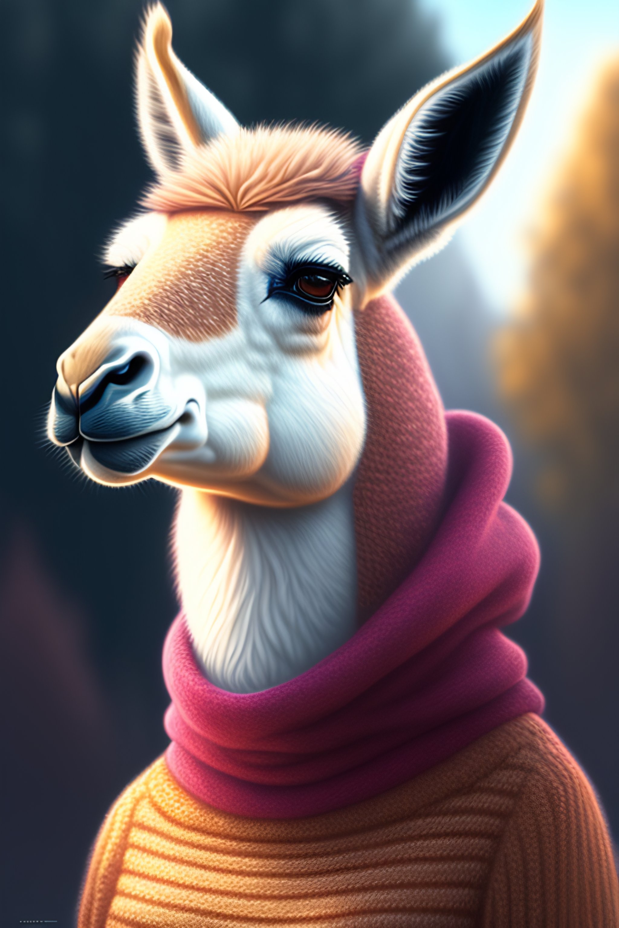 Lexica - Female anthropomorphic llama in sweater outfit, realistic ...
