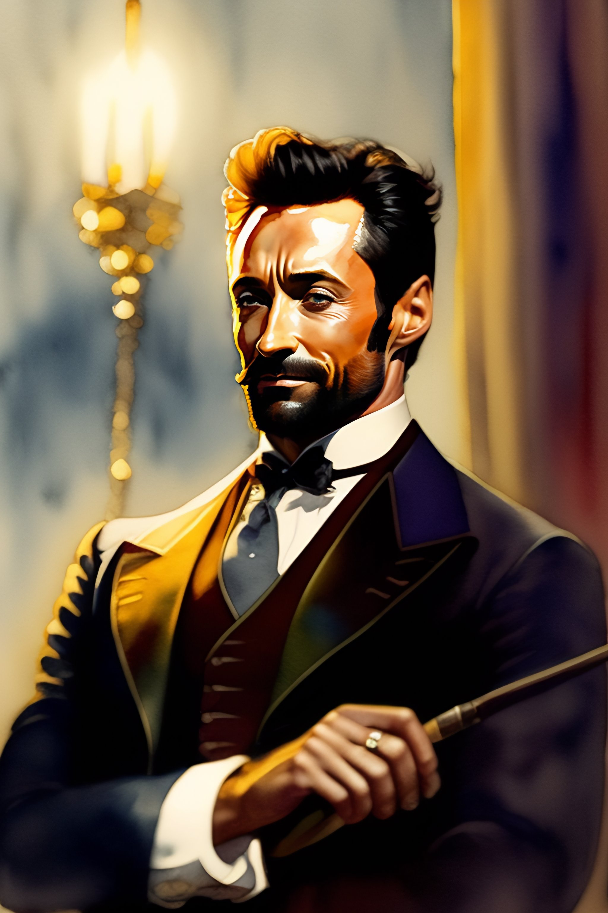 Lexica - A watercolor drawing of hugh jackman as a master of ceremonies ...