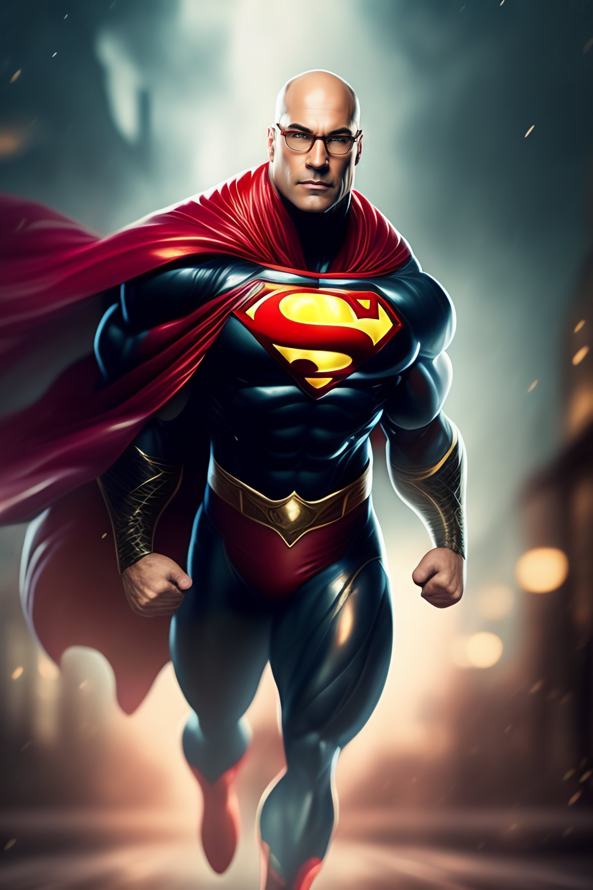 Lexica - Picture of bald muscular superhero with glasses and cape