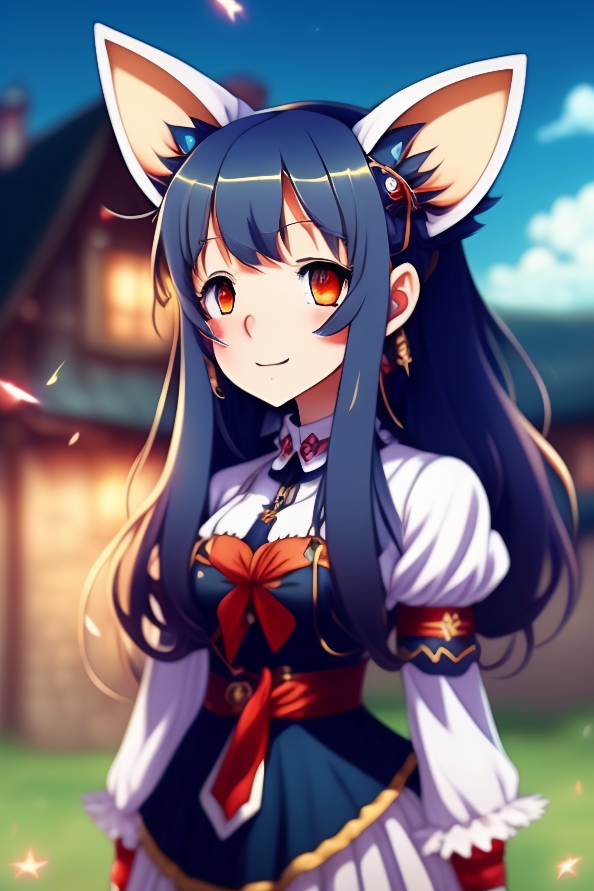 Lexica - Cute anime girl, long hair, red eyes, blue hair, house in the ...