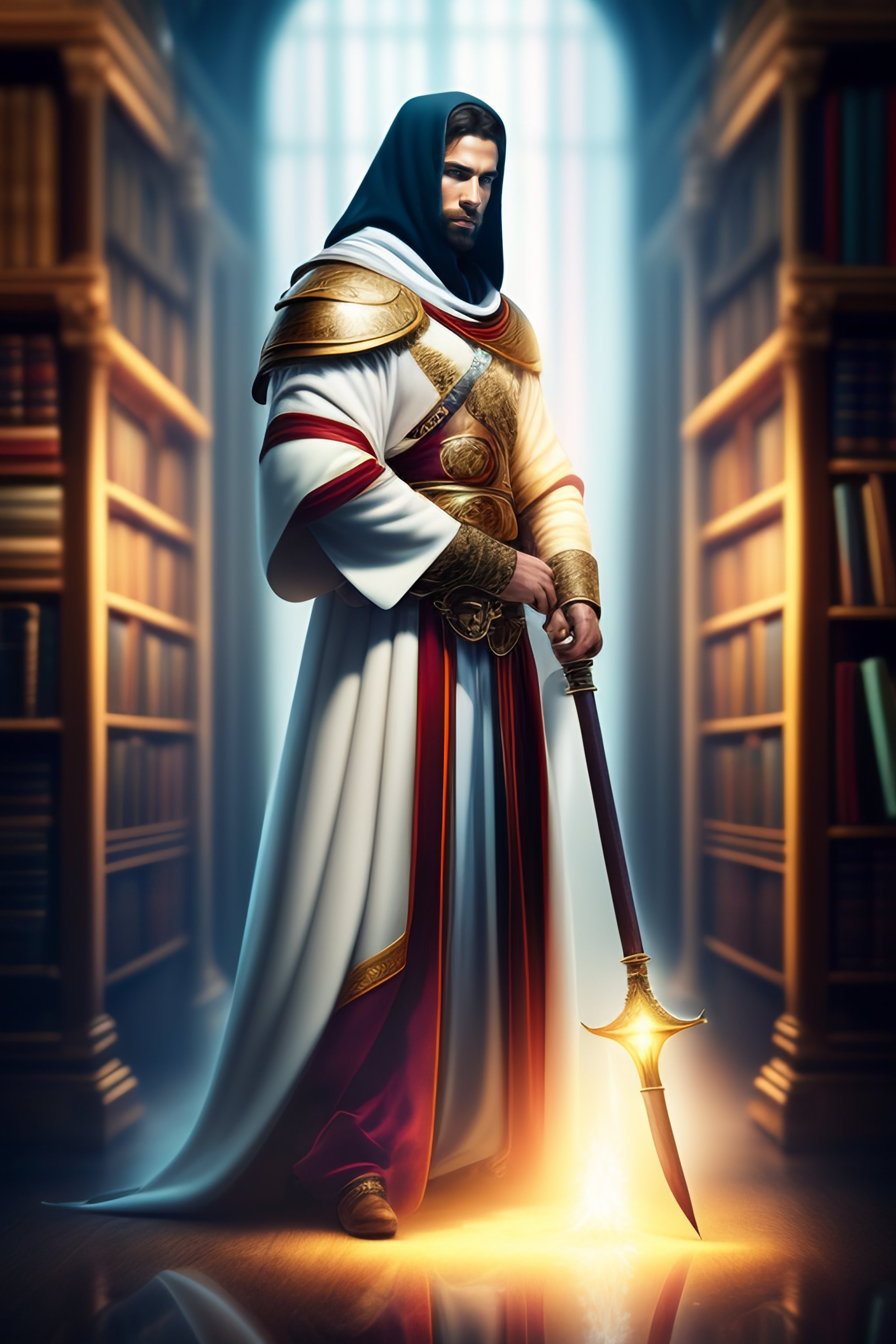 Lexica - Wizard with white robe and sword studing in bibliotheque