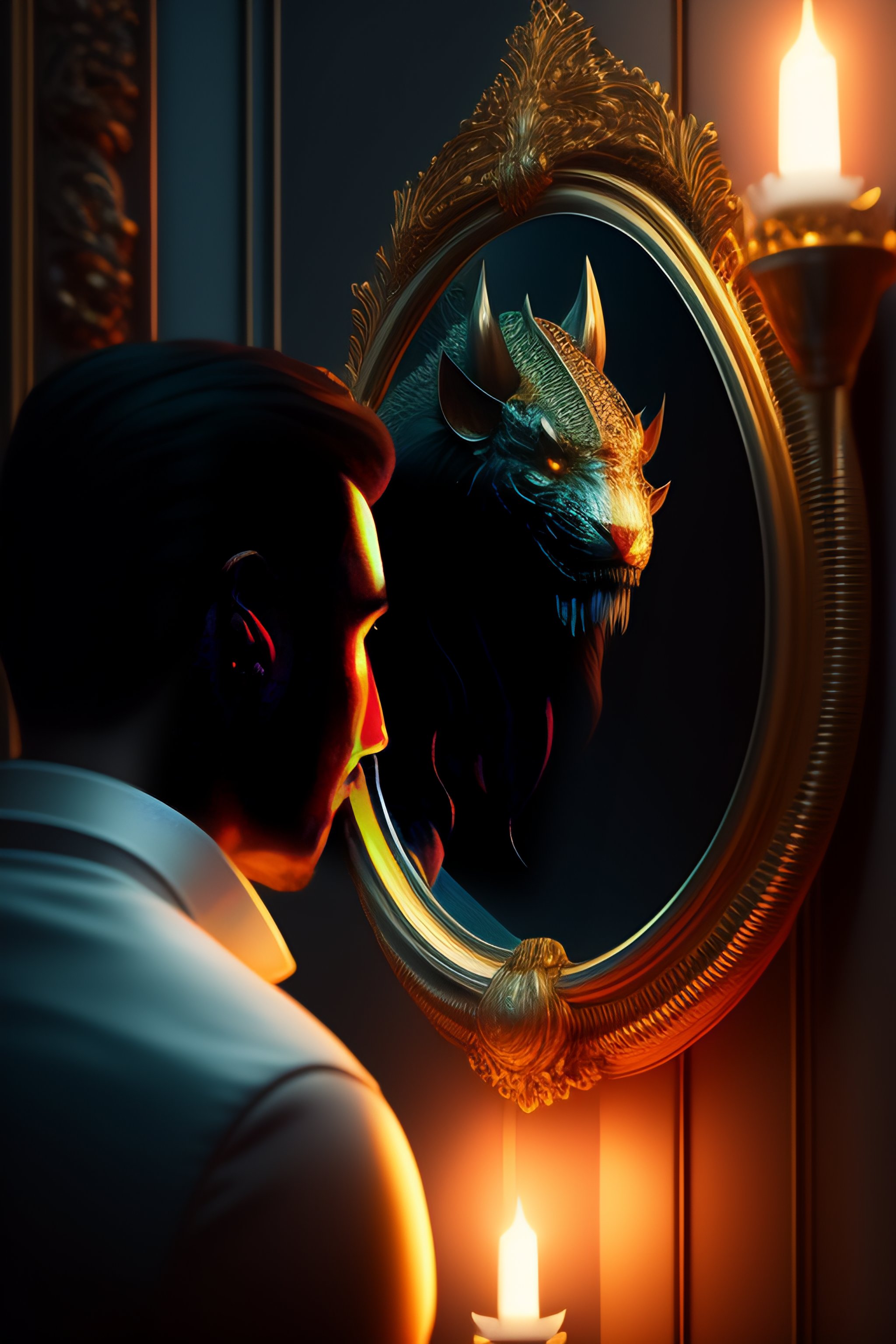 Lexica - A handsome man gazes into an ornate mirror and sees a horrific ...