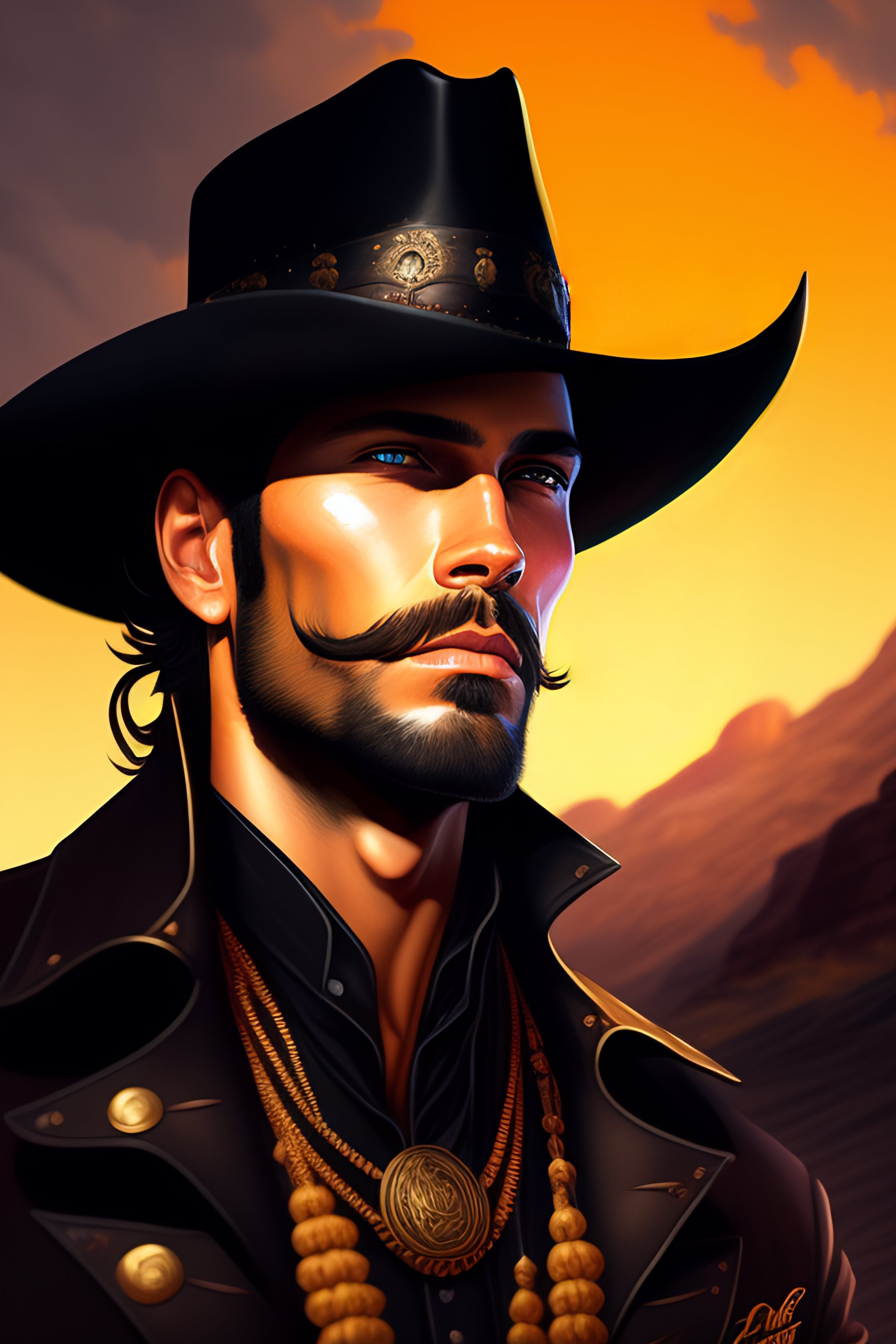 Lexica - Wild west portrait of a gunslinger man in black duster with a ...