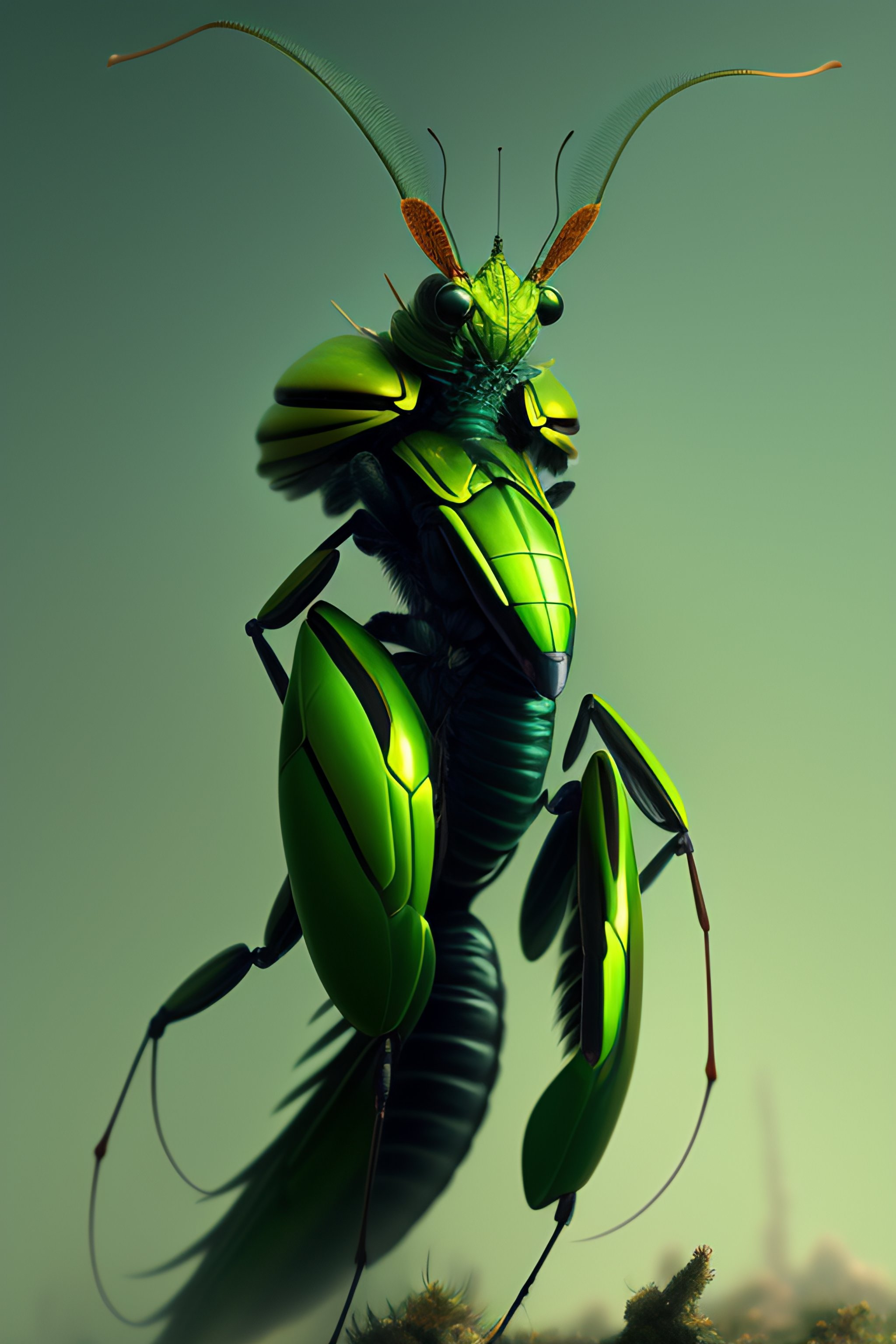 Lexica - Full body shot a of green man - mantis ; head with antennae ...