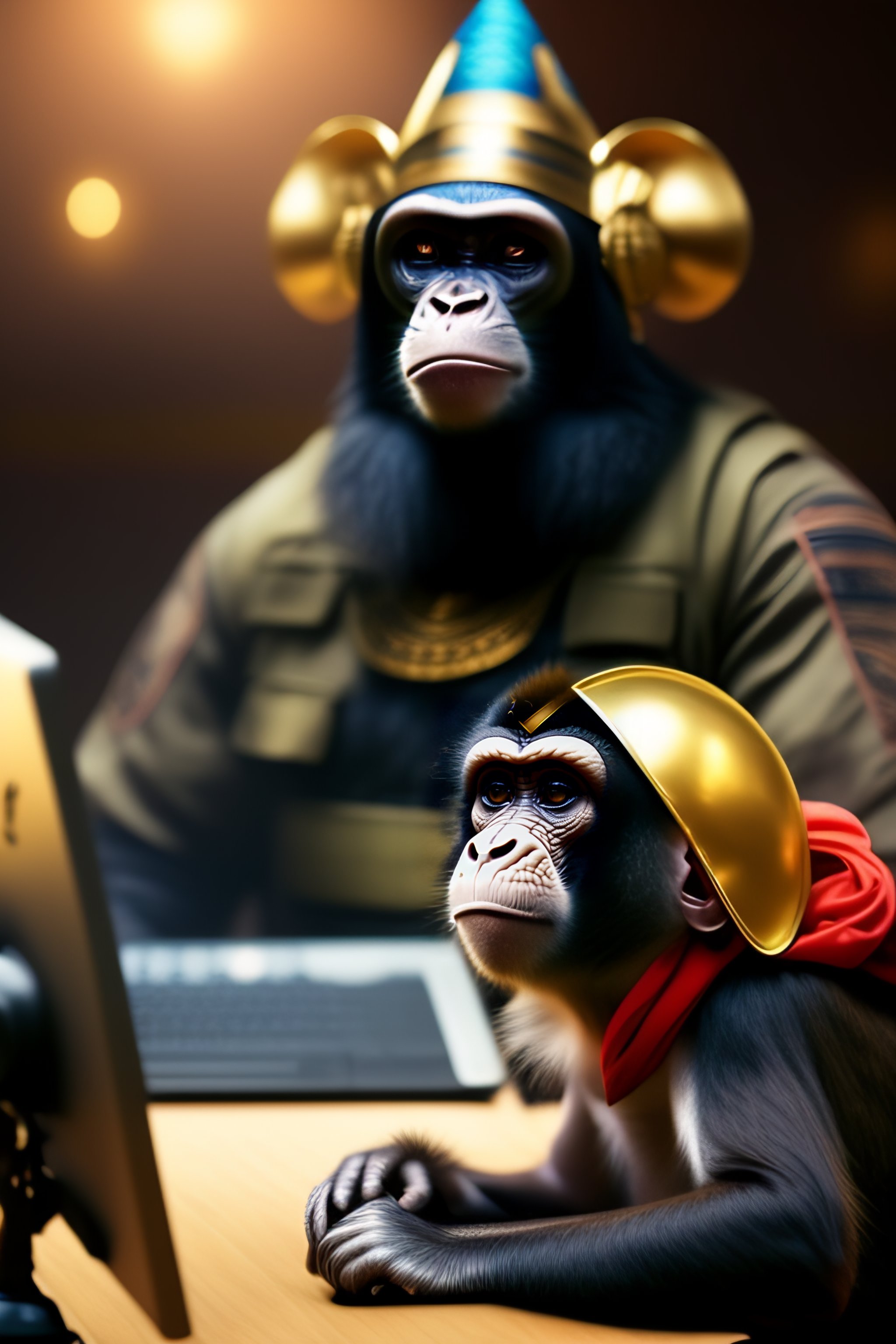 Lexica - A monkey with an Egyptian hat playing counter-strike on a computer