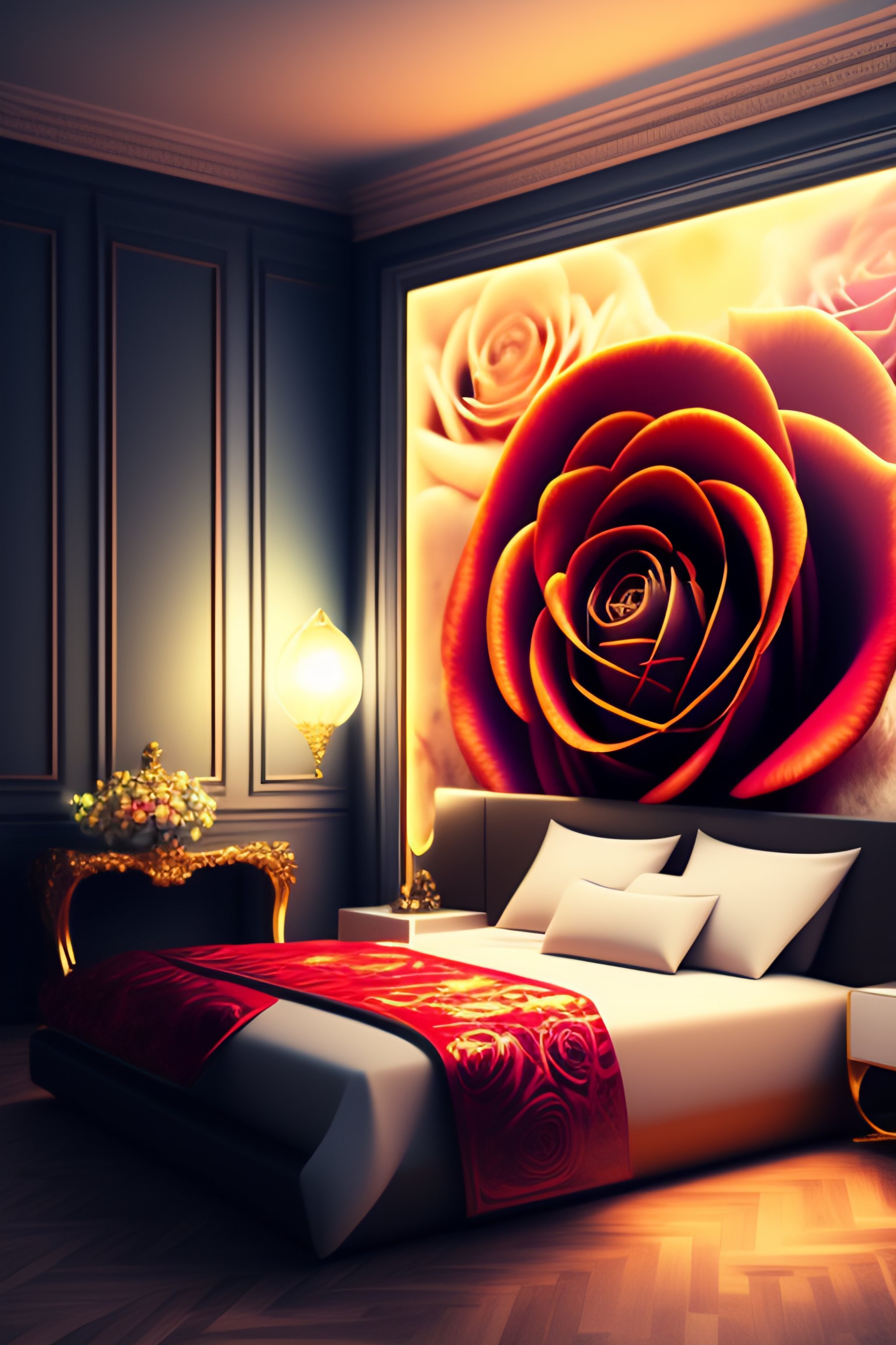 Lexica - A huge room whit handcuffs and roses on a bed in the middle ...