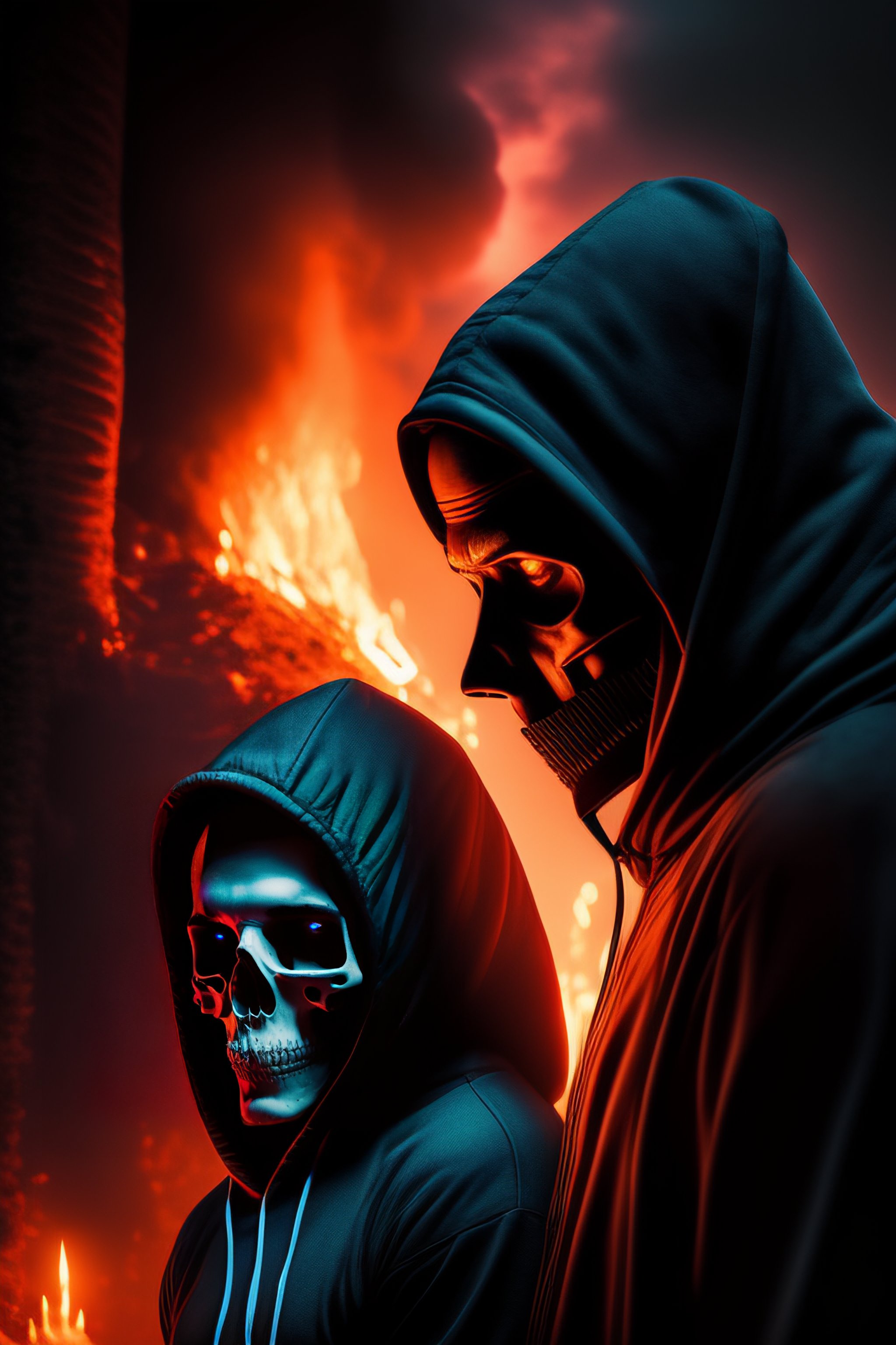 Lexica - Face of death with a hoodie in hell, above a pile of corpses ...