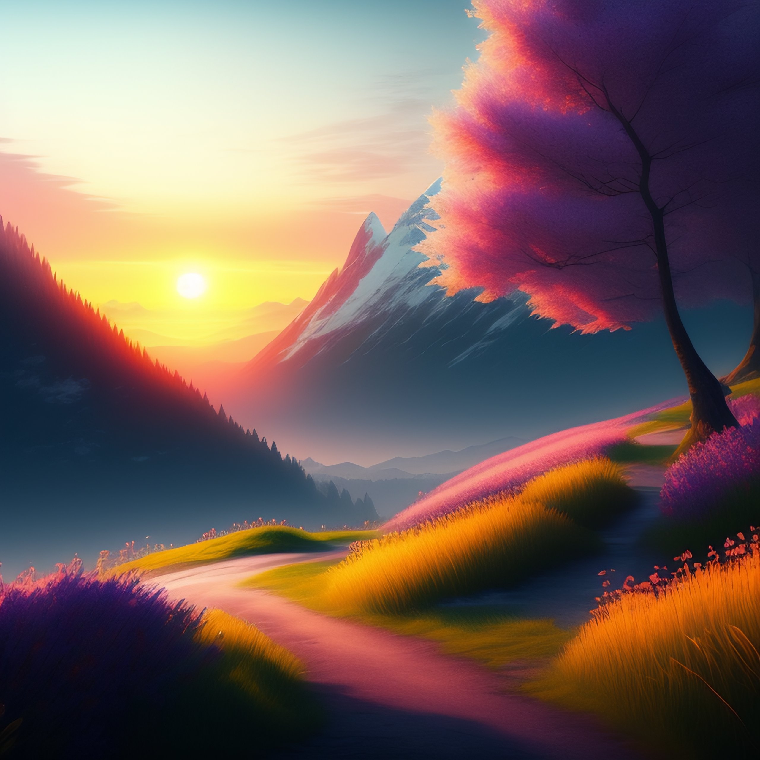 Lexica - Amazing beautiful scenery, spring, way, distance, rising sun ...