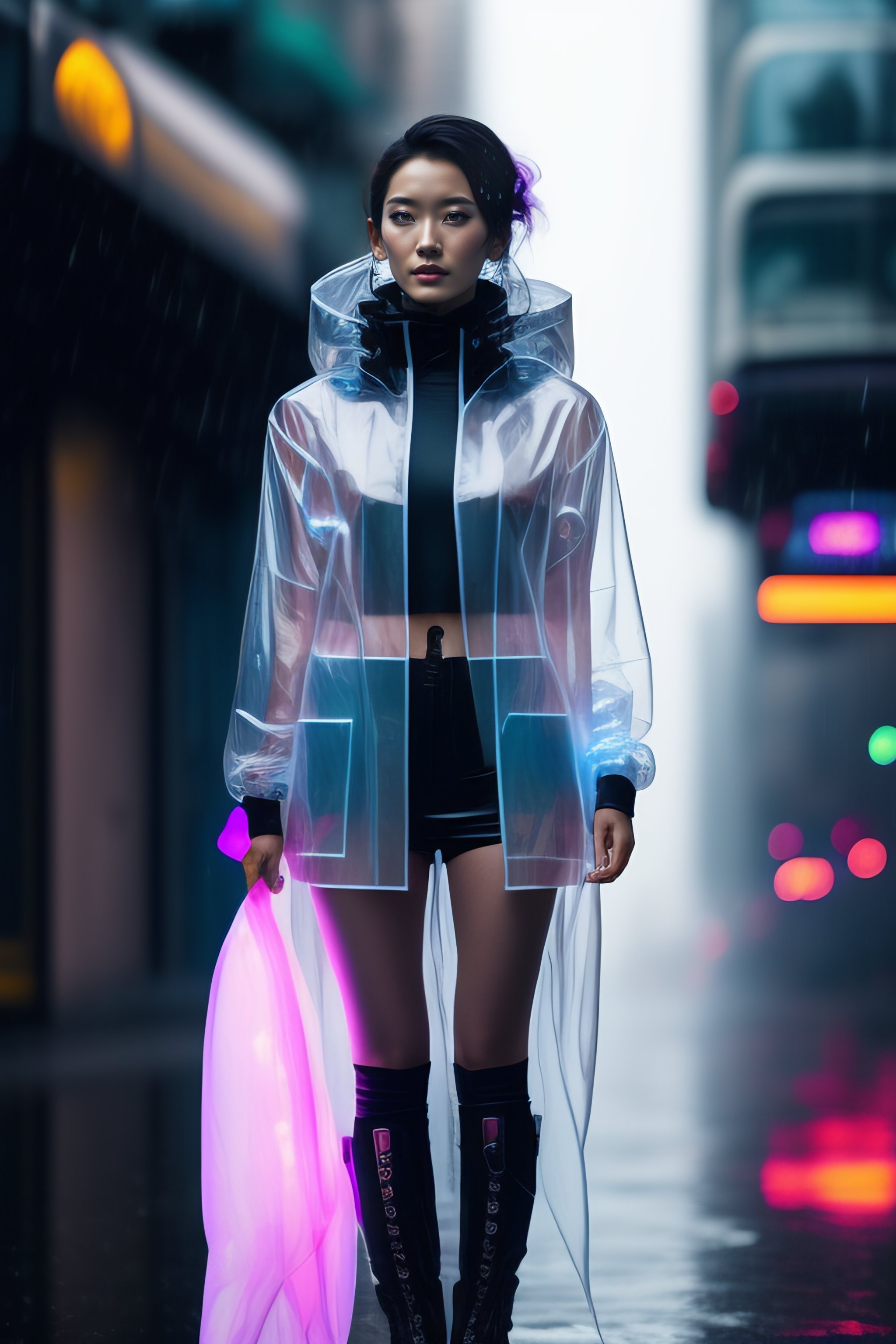 Lexica - Cyborg girl wearing transparent raincoat, cyborg parts, rainy Neo Tokio photo shoot ...