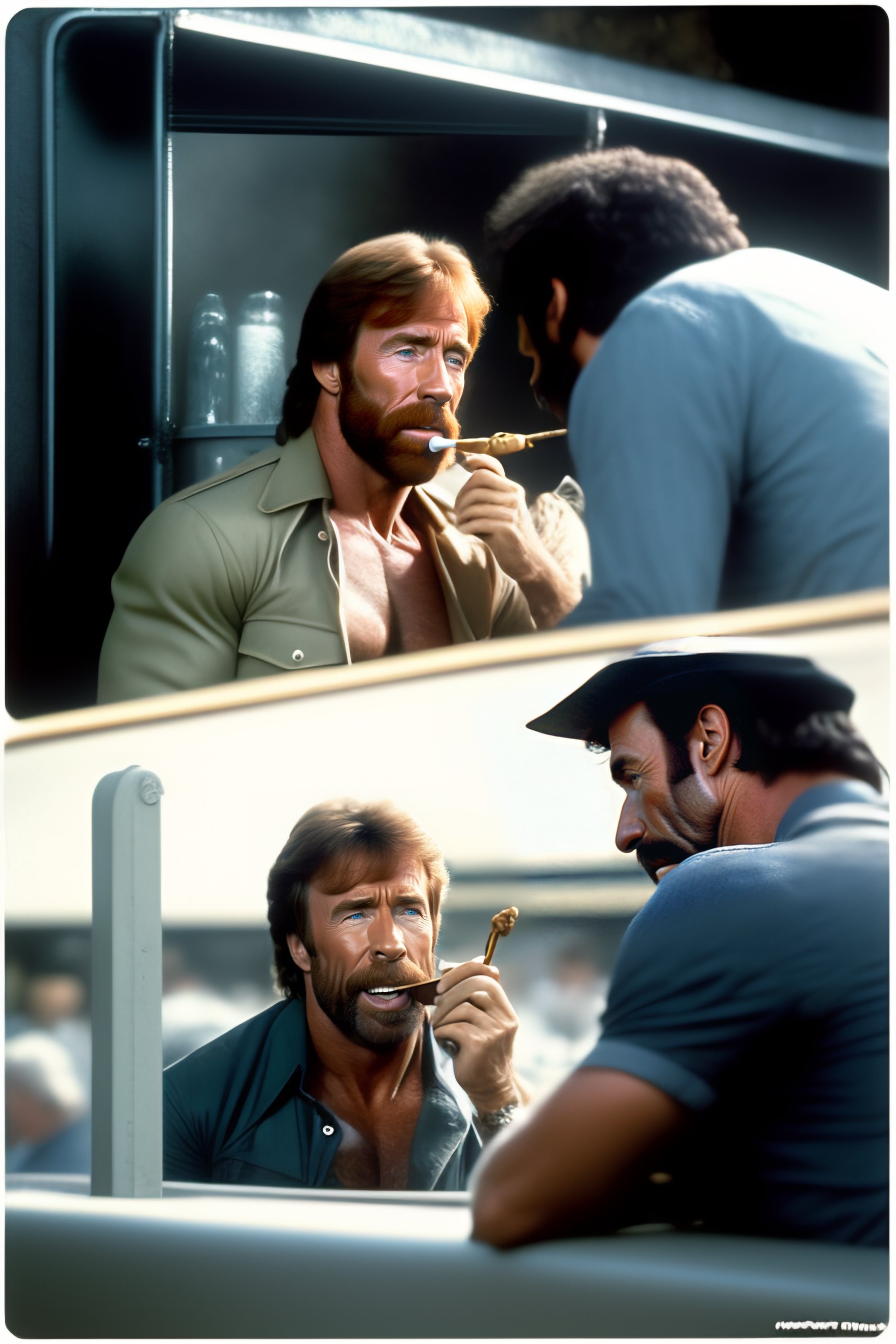 Lexica - Chuck norris is sitting on a bench in a washing salon and ...