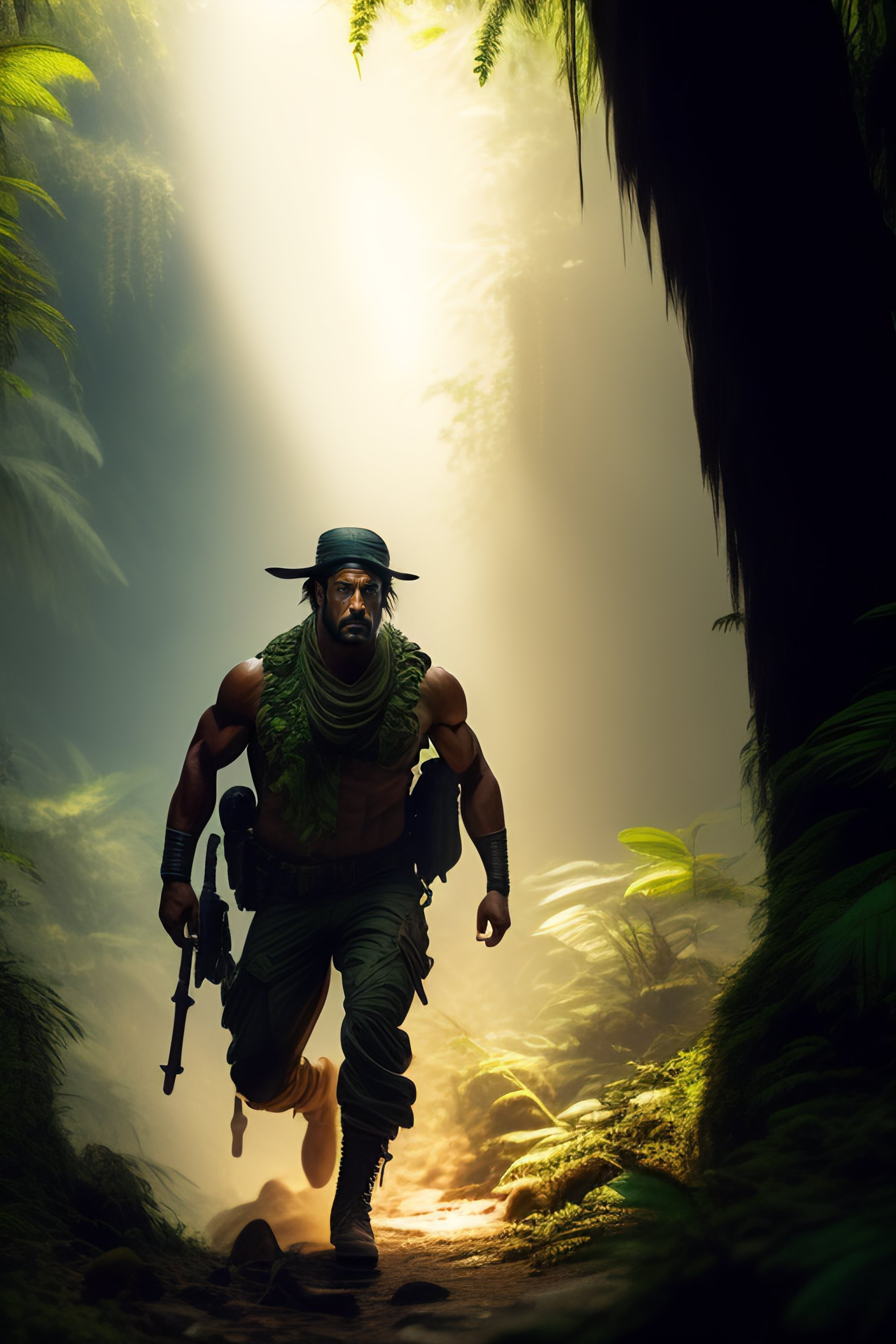 Lexica - Action shot of john rambo in a jungle, cinematic lighting ...
