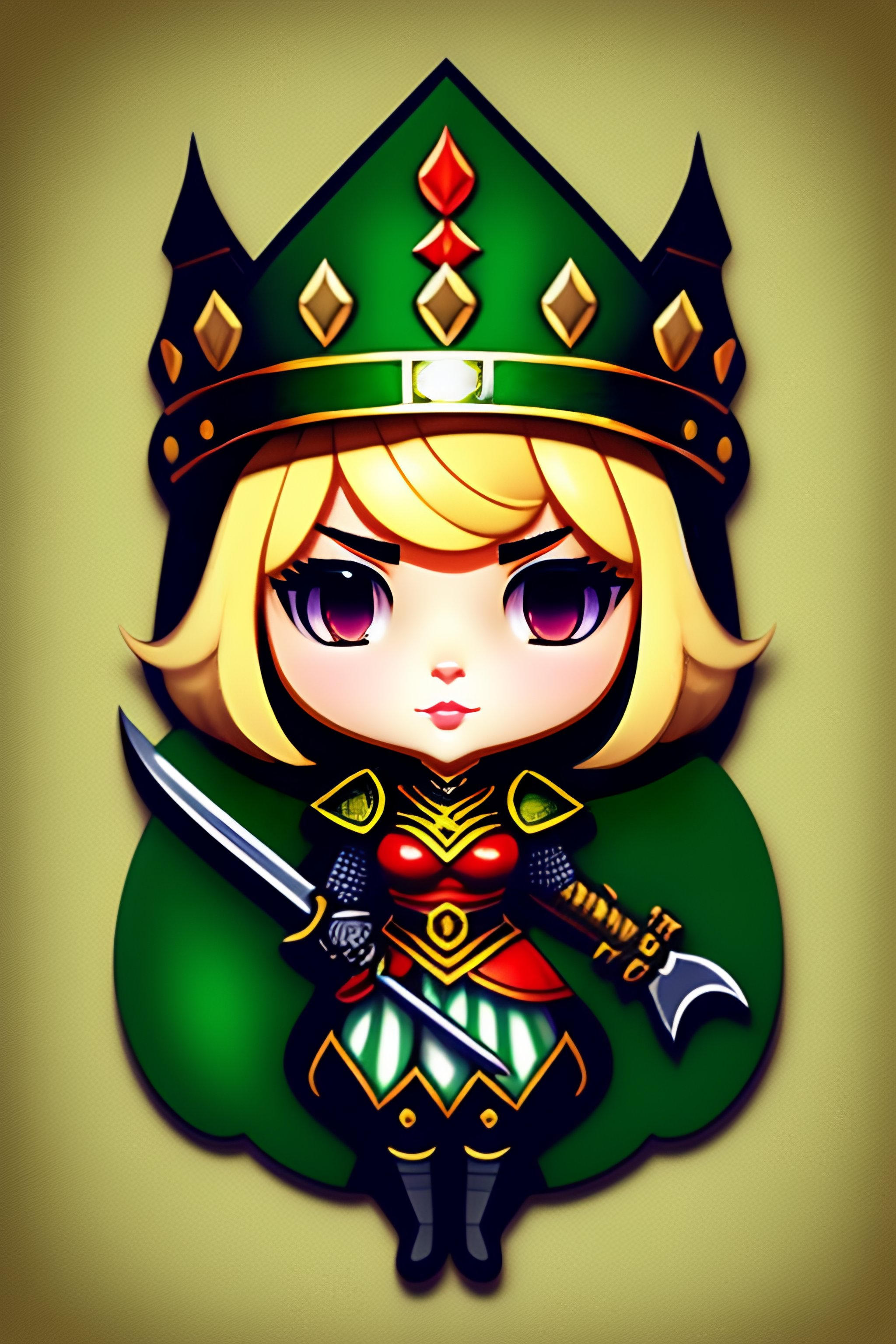 Lexica - Cute chibi blonde, Green eyes, woman With a crown, sword ...