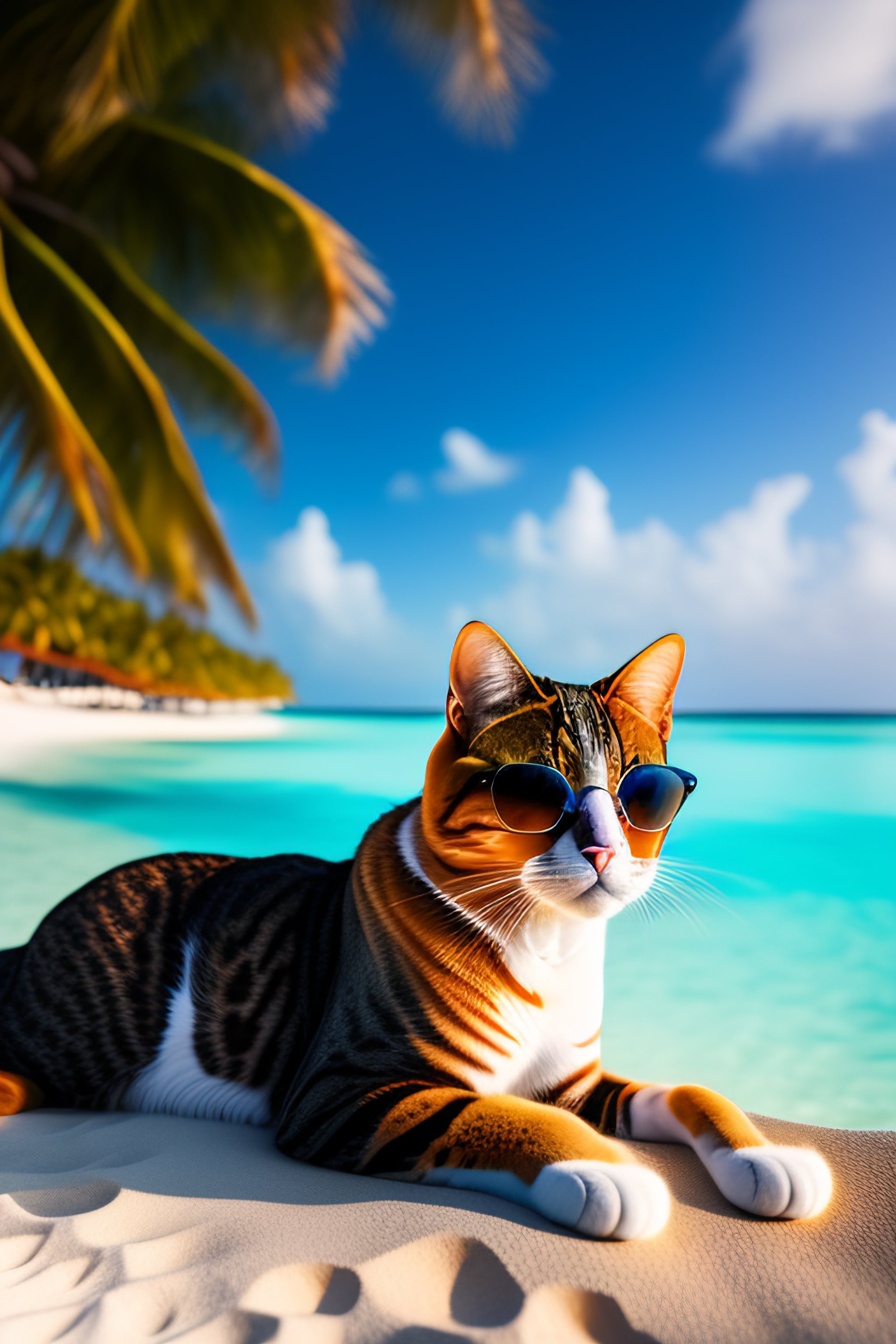 Lexica - A cat wearing sunglasses and lying down beach bed in Maldives