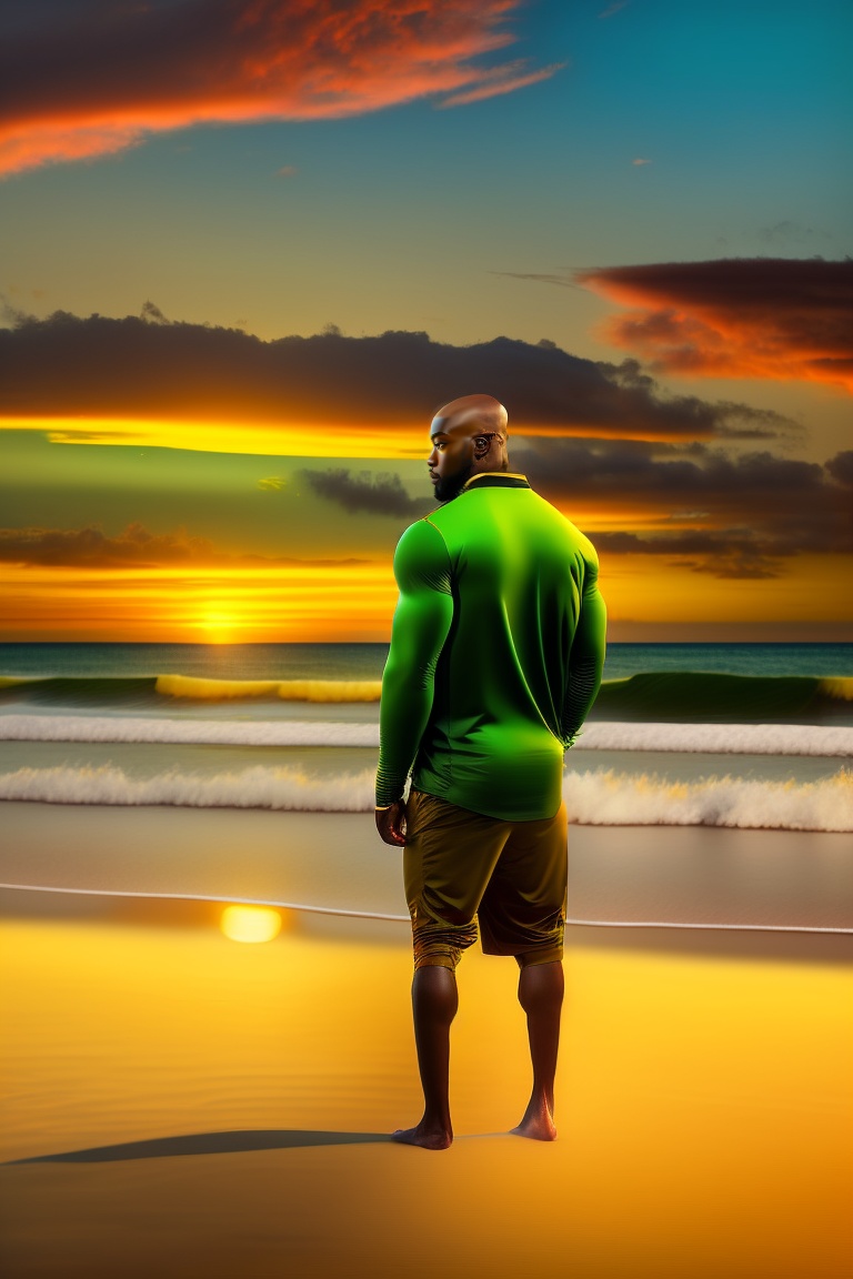Lexica - Young, bald, melanin, Jamaican man, on the beach, with green ...