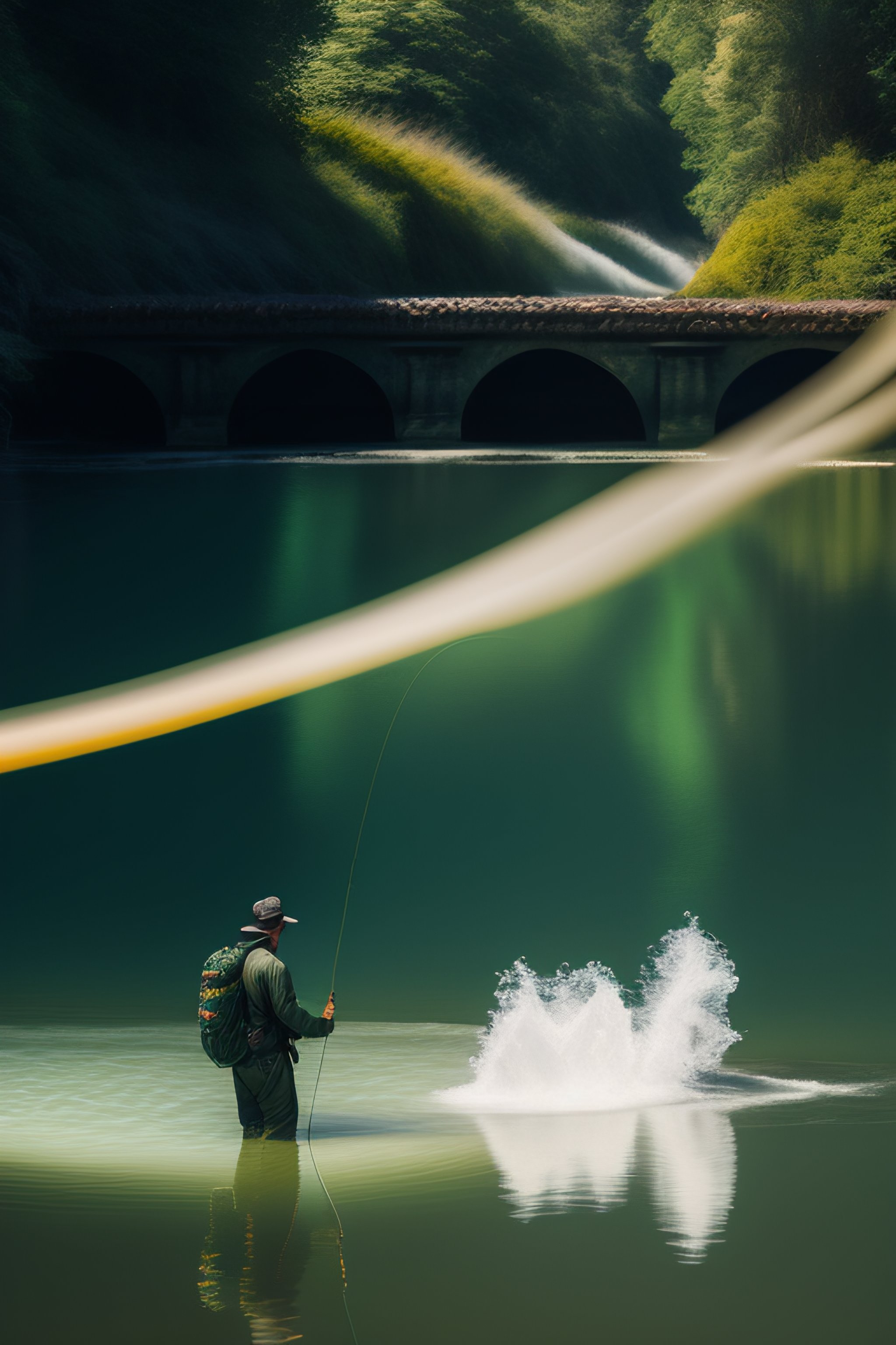 Lexica - Fisherman with fly fishing pole stands in forested river ...