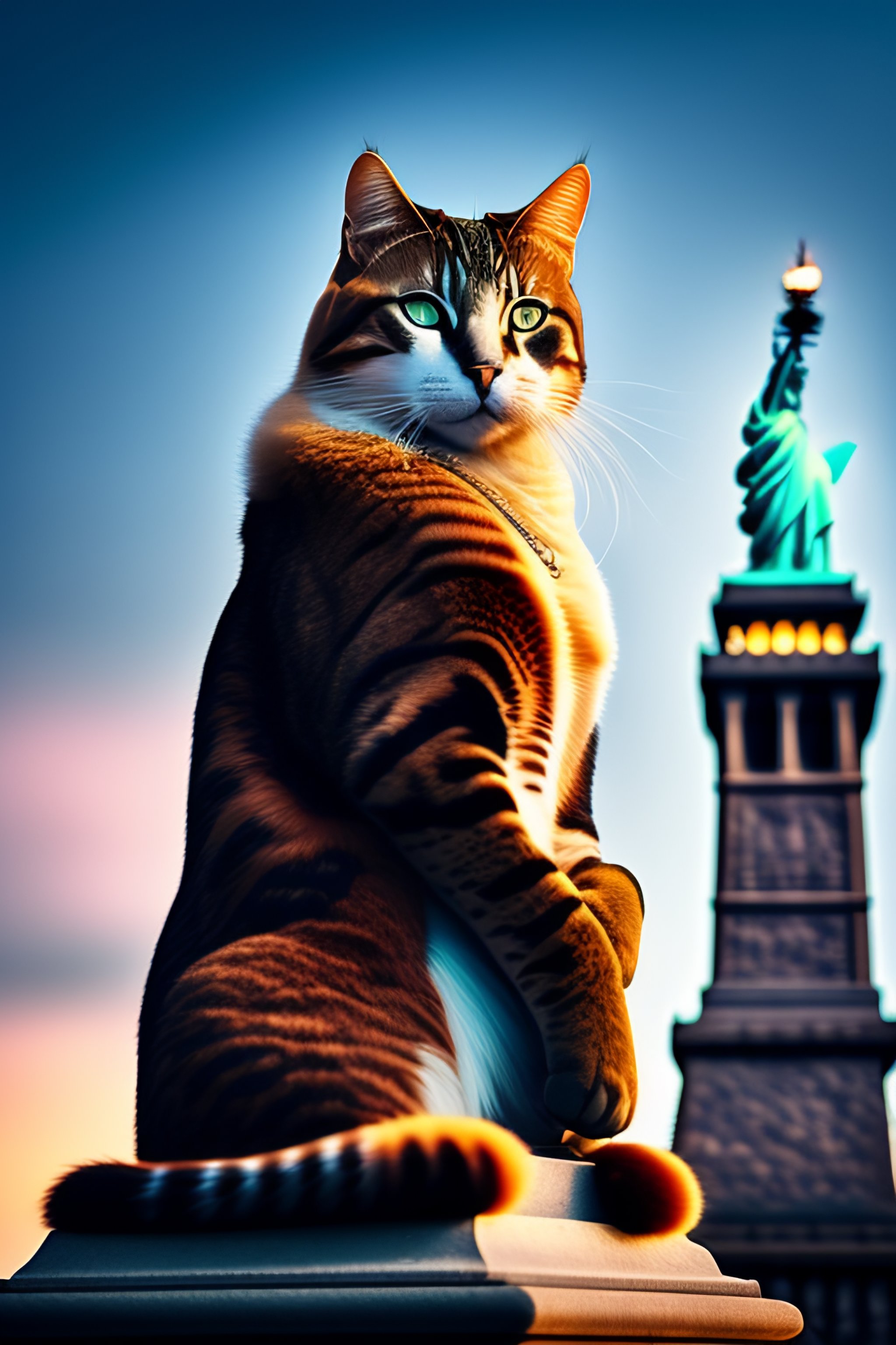 Lexica - "A sleek, casually dressed cat perched atop the iconic Statue ...