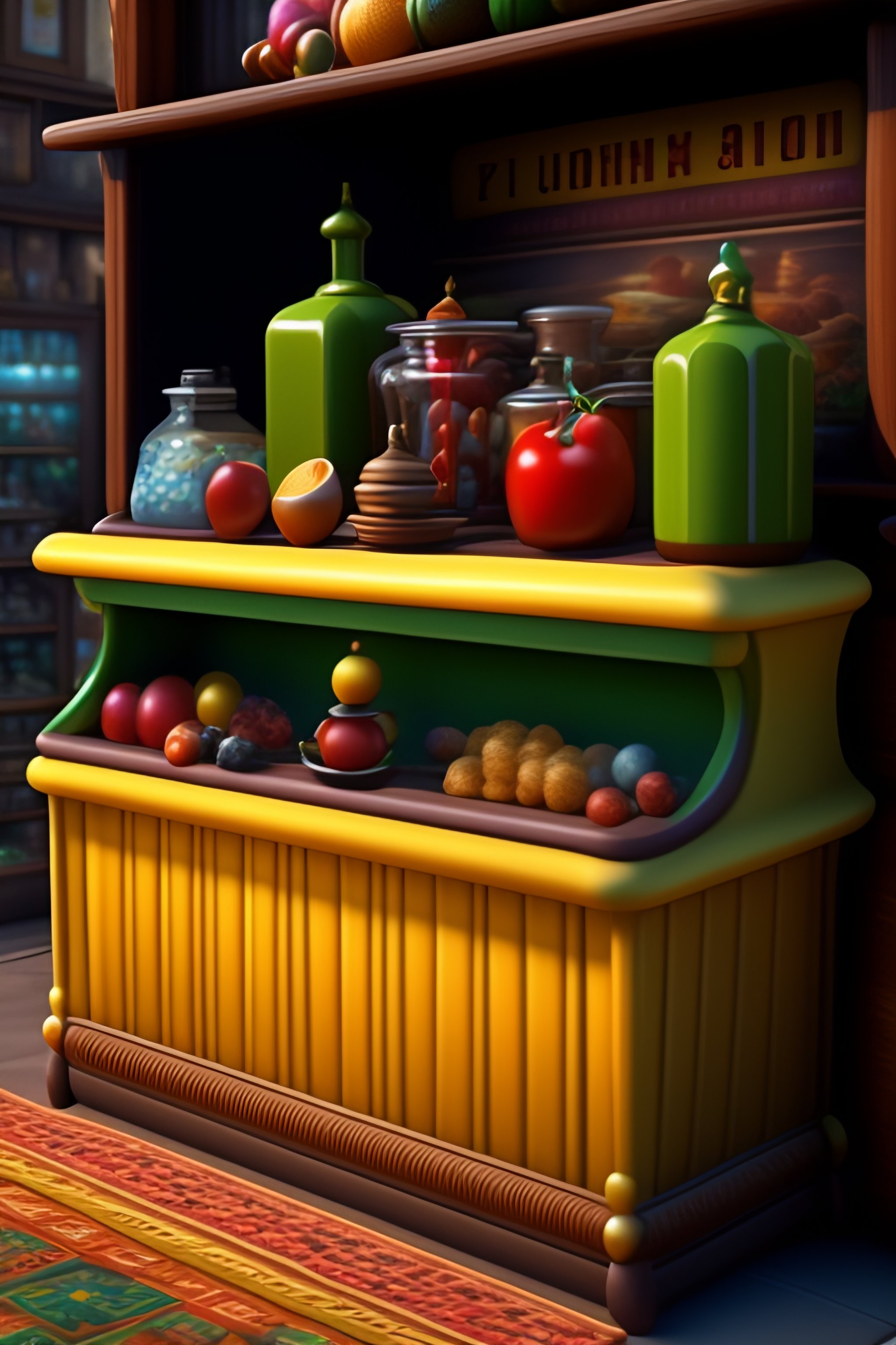 Lexica - Hidden object game scene, shop counter with toys