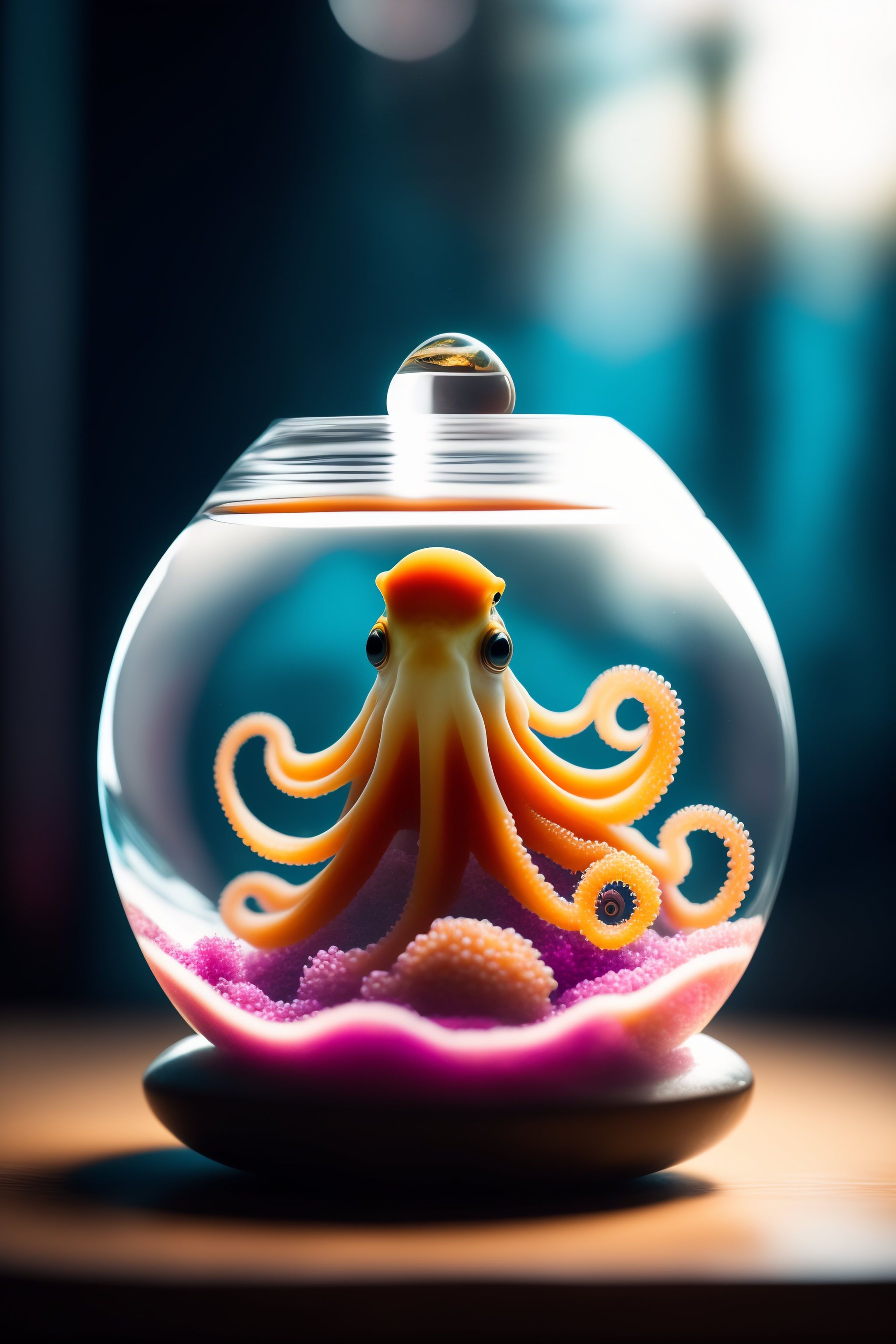 Lexica - A cute little octopus in a small circular fish tank.