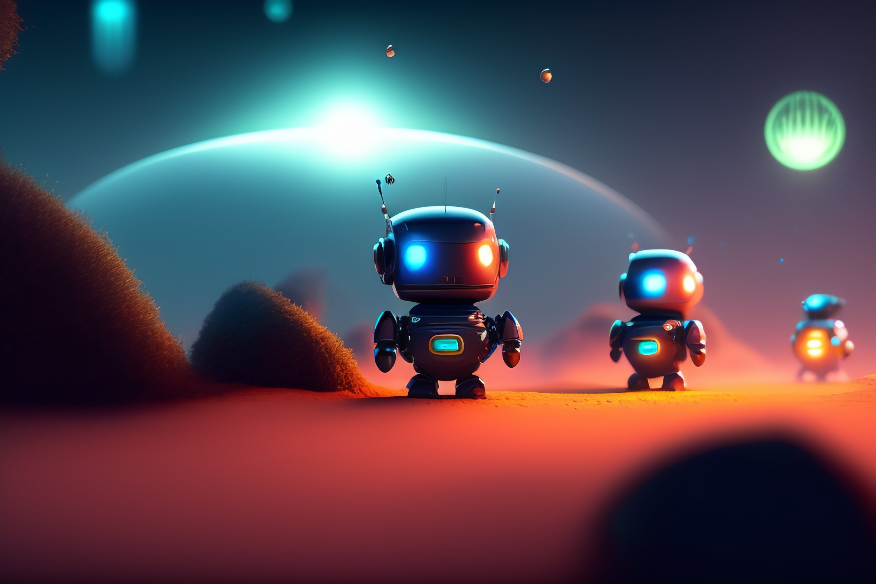 Lexica - Cute little robots scanning and exploring a dark alien planet ...