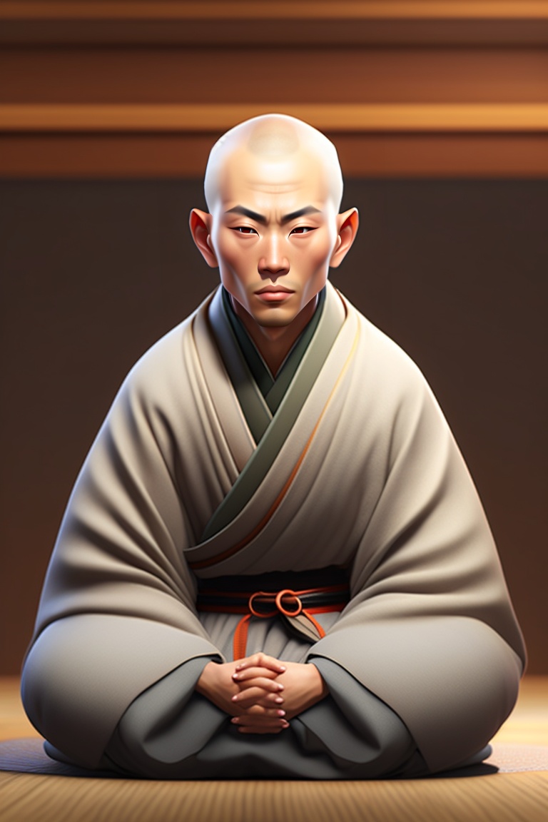 Lexica - A Zen monk, with a shaved head, seated on tatami mats, in a ...