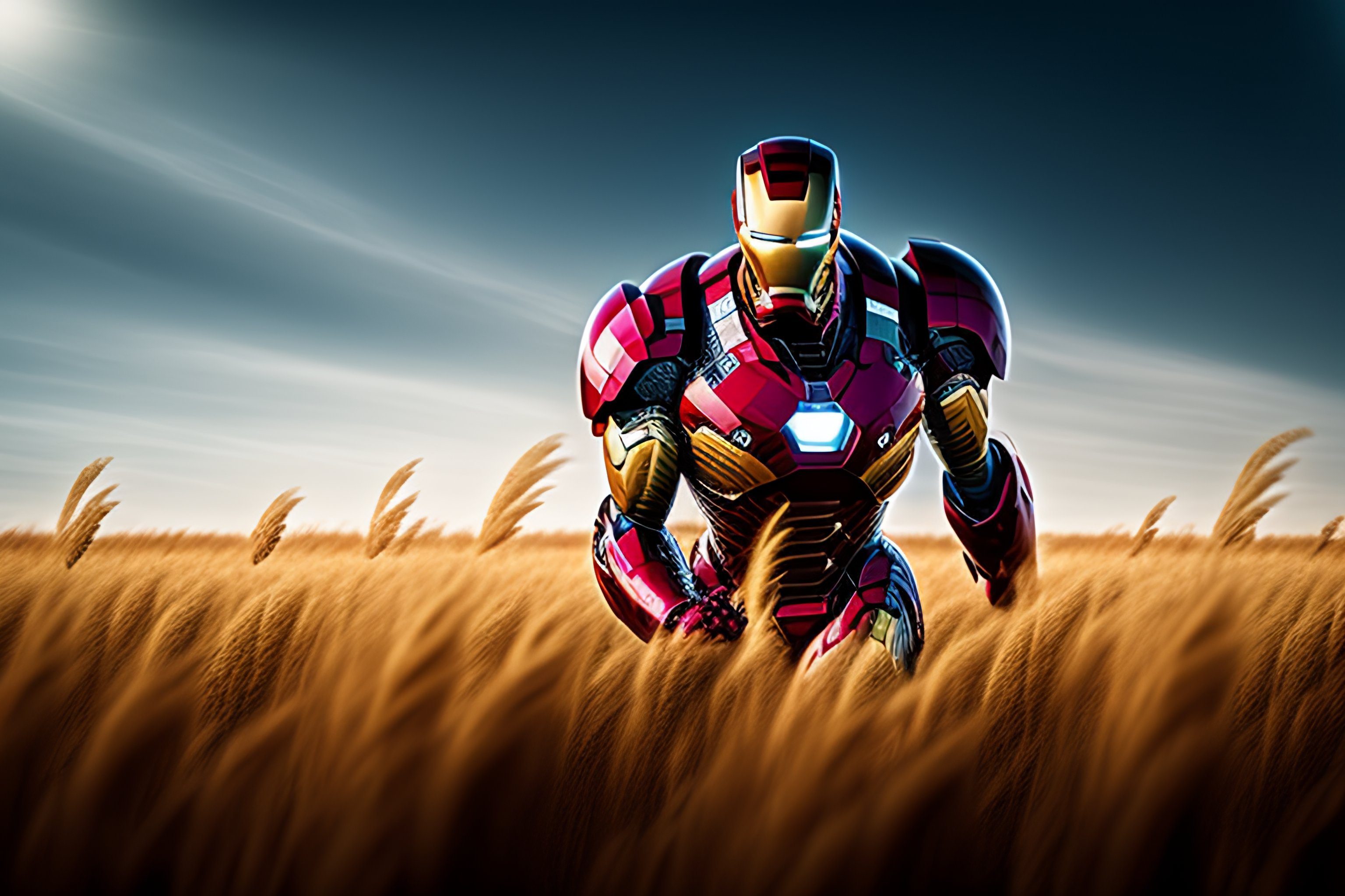 Lexica - Iron man flying through a field of windmills