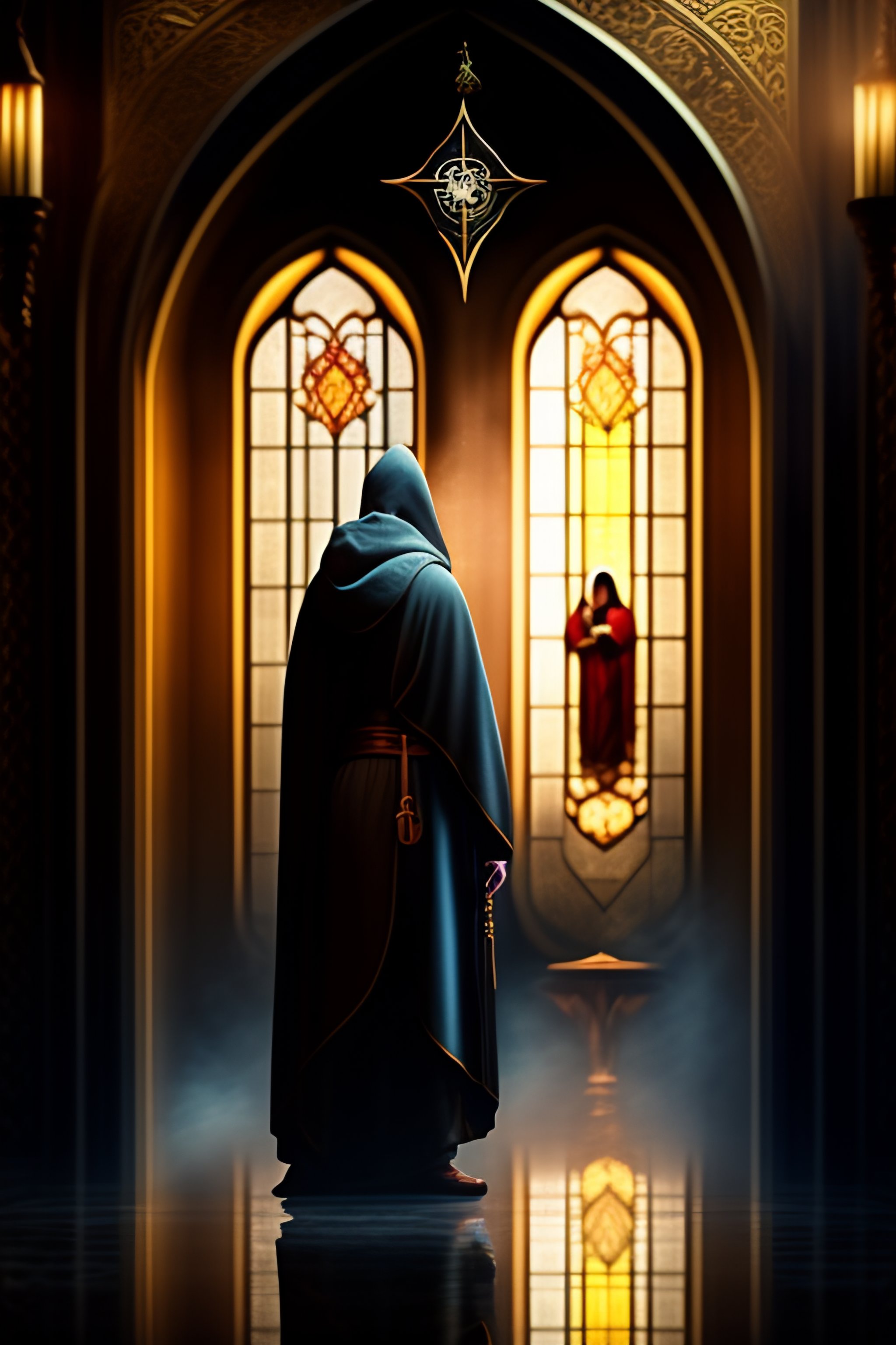 Lexica - A hooded monk standing before a stained glass window of the ...