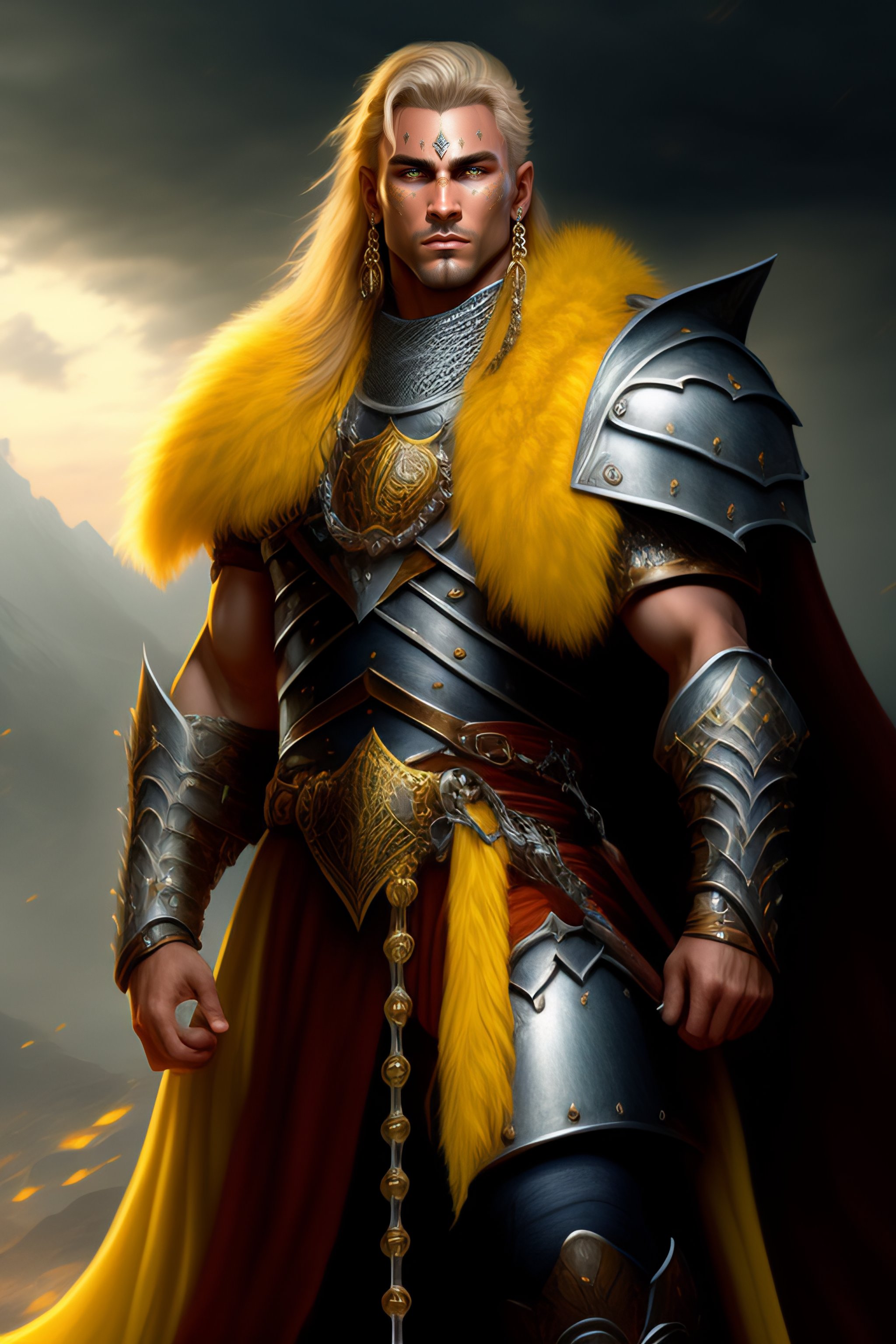 Lexica - Half Orckish male paladin, yellow eyes, chain mail, full body
