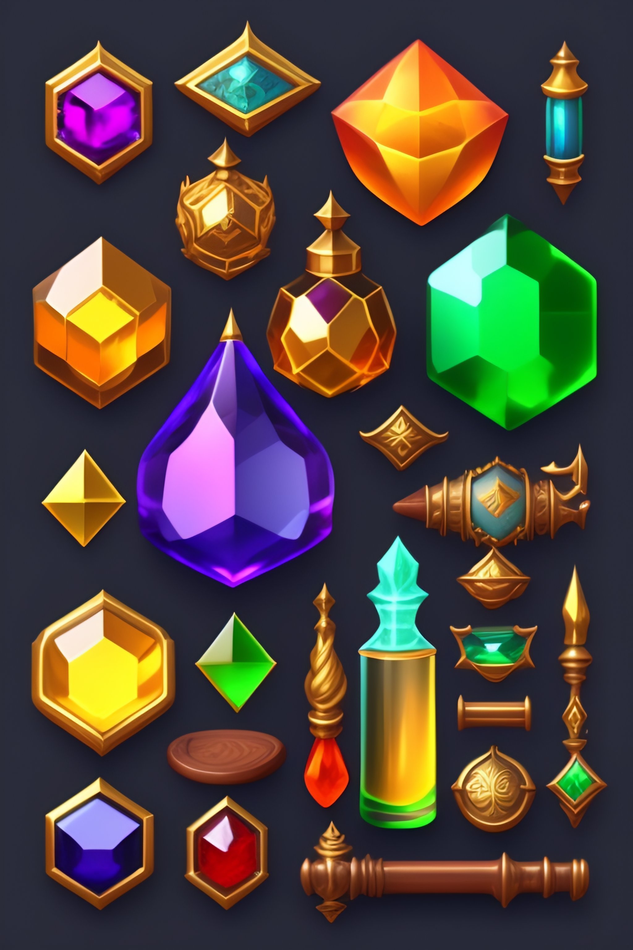 Lexica - Design sheet of various alchemist tools, magic gems, props