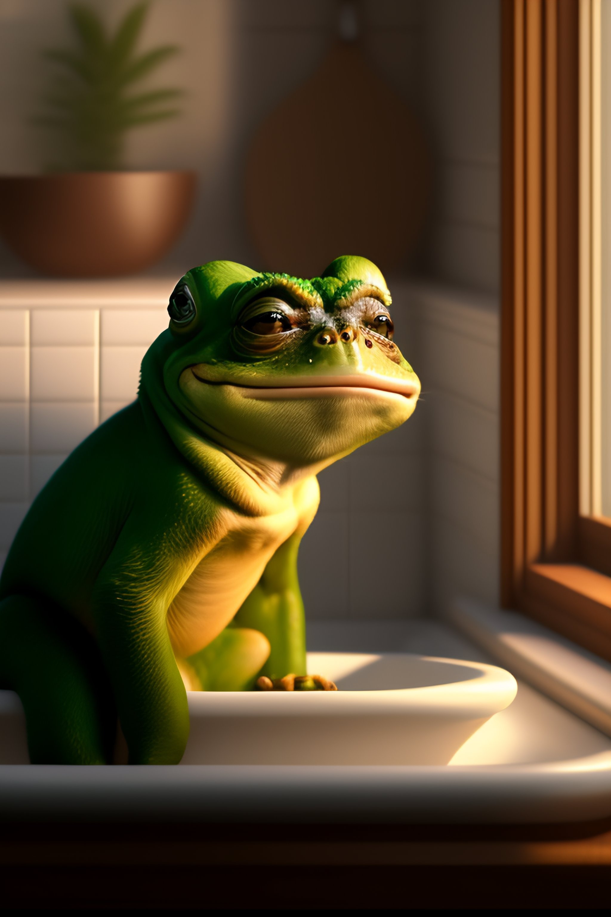 Lexica - An exhausted pepe the frog in his tiled bathroom, key lighting ...